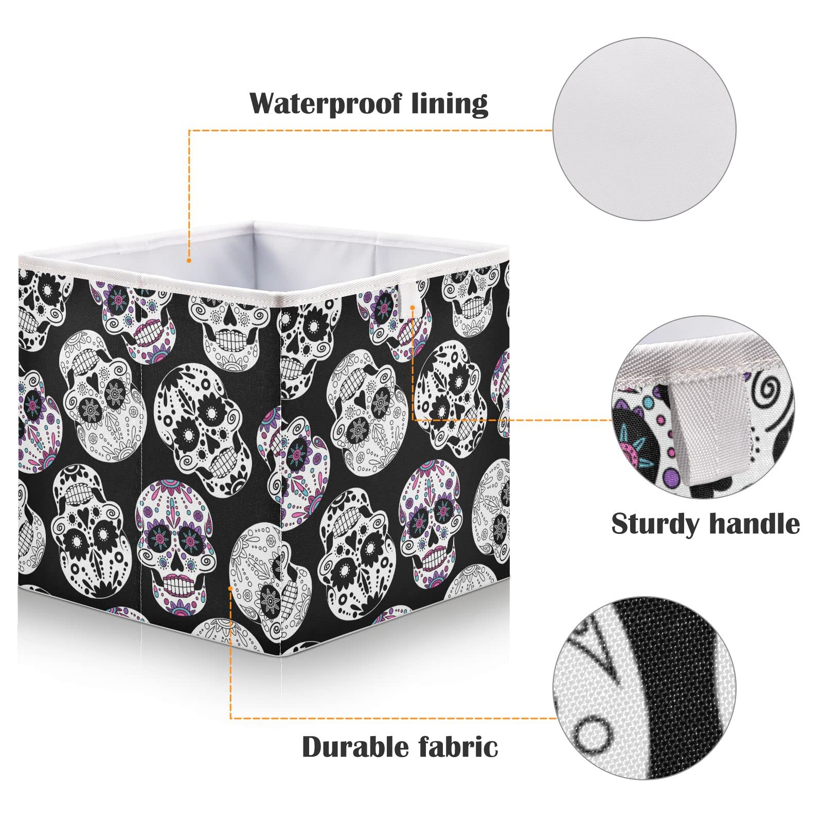 Sugar Skulls Flowers Basket Cube Storage Bins Fabric Storage Baskets Collapsible Decorative Storage Box with Handles Organizer Bag for Shelf Closet Toy Gift 15 x 11 x 7