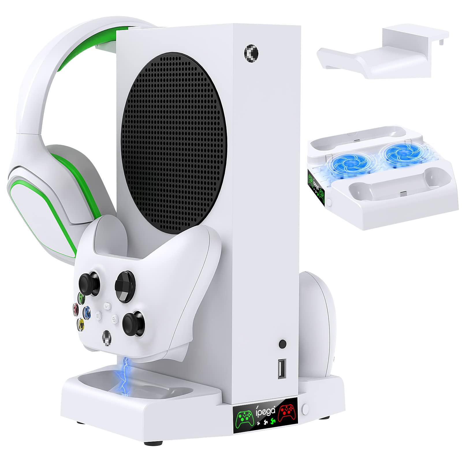YUANHOT Cooling Stand with Headset Holder Compatible with Xbox Series S, Accessories Cooling Fan Charging Station Dock with Controller Charger and Cooler System - White