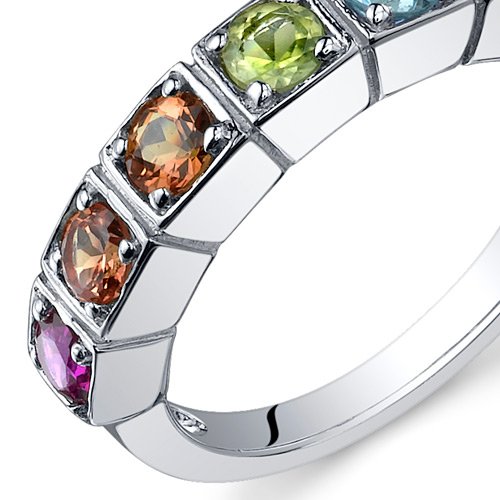 PEORA 7 Stone Rainbow 1.75 Carats Half Eternity Ring Band 925 Sterling Silver with Genuine and Created Gemstones, Size 9