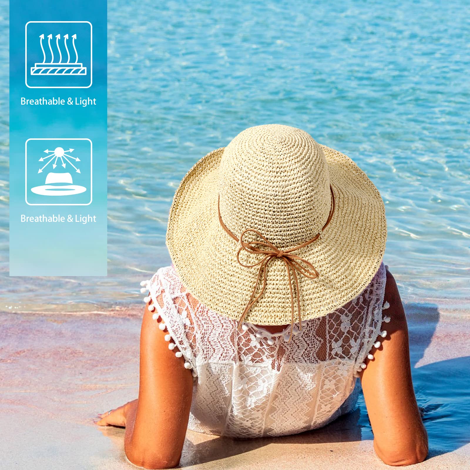 Women's Foldable Straw Sun Hat Wide Brim UPF 50+ Crochet Summer Floppy Beach Hat Beige