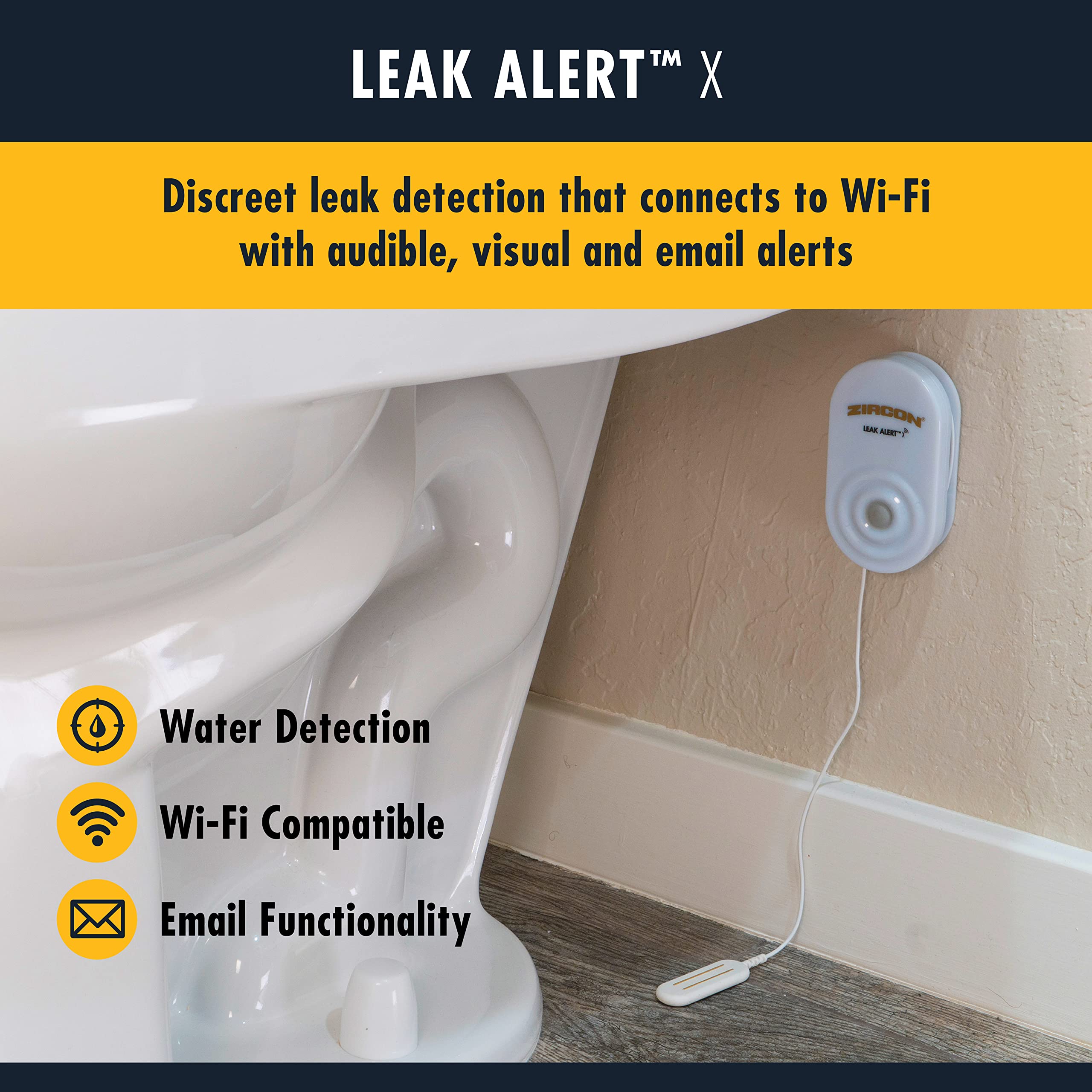 Zircon Leak Alert x – Smart Electronic Water Detector with 9.8' Cable – Email, Audio, & Visual alerts, Battery Included (70745)