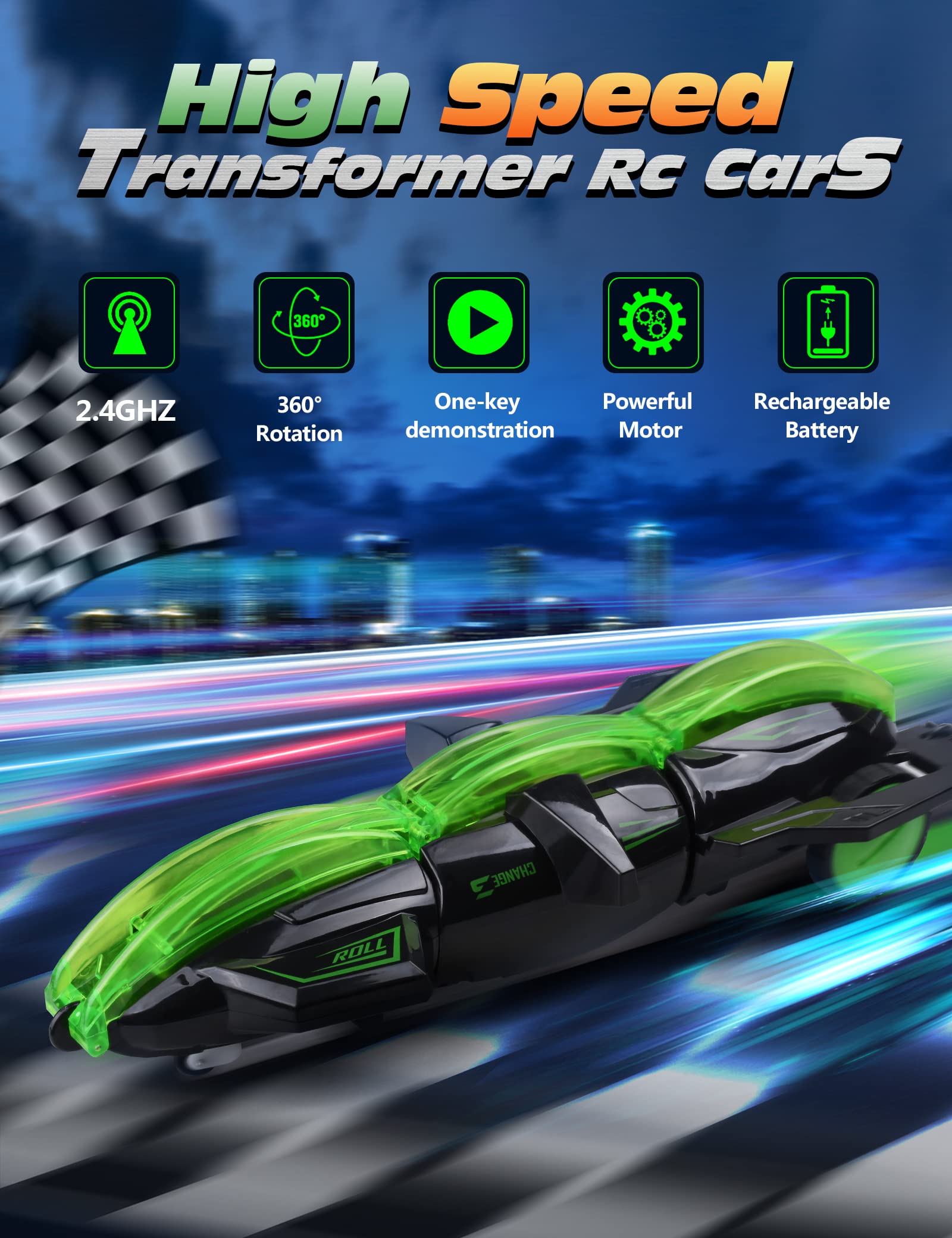 Remote Control Car,Rc Stunt Snake 360° Roll Rotation Transforming Toy,With 2.4Ghz High Frequency Controller Birthday Christmas For Girls Boys Cool Stuff Toys drift stunt remote control car (green)