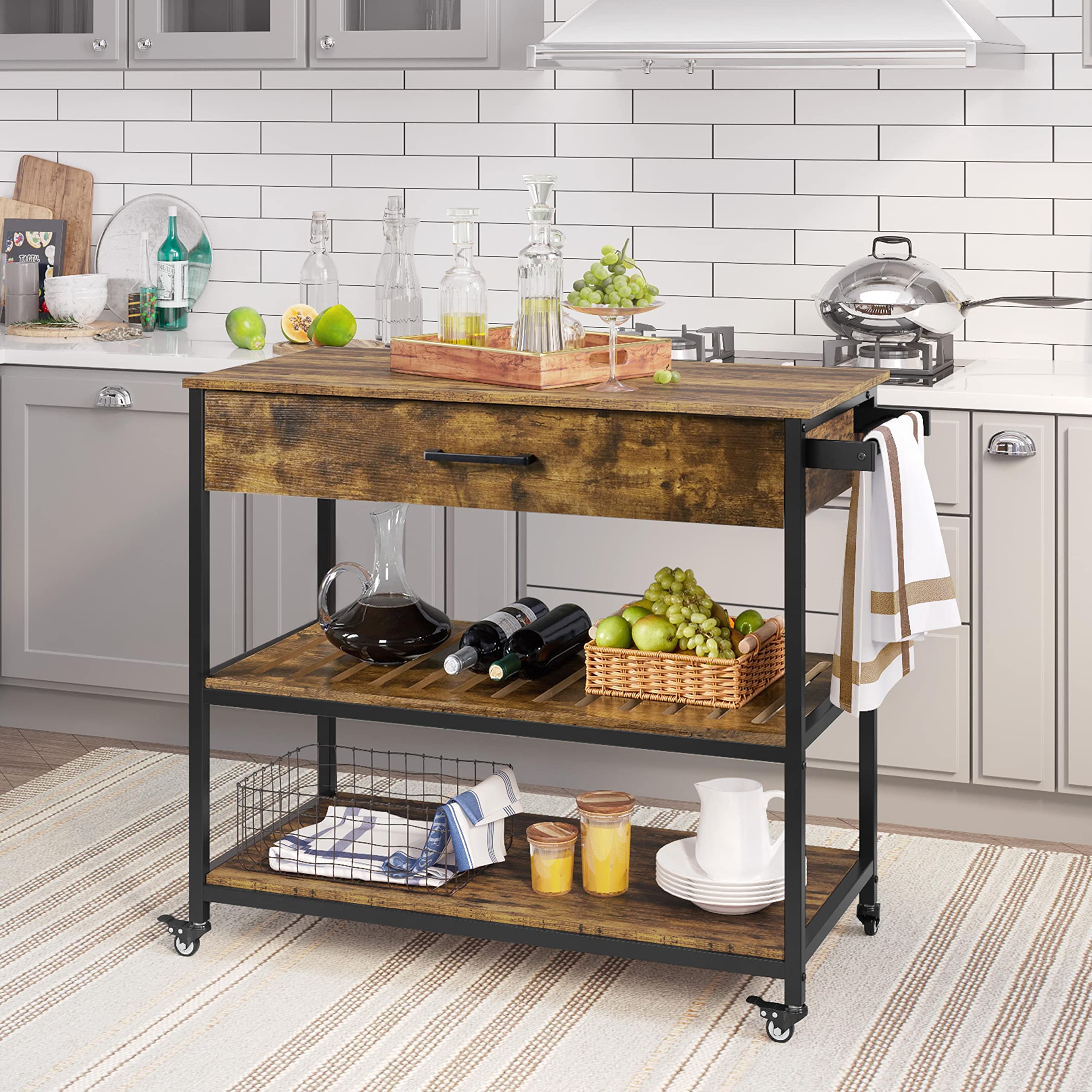 Topeakmart 40 Inch Mobile Kitchen Island Cart on Wheels for Home Kitchen, 40 Inch Rolling Utility Trolley Cart with Drawer and Storage Shelf, 3-Tier Large Kitchen Work Table Dining Cart, Rustic Brown