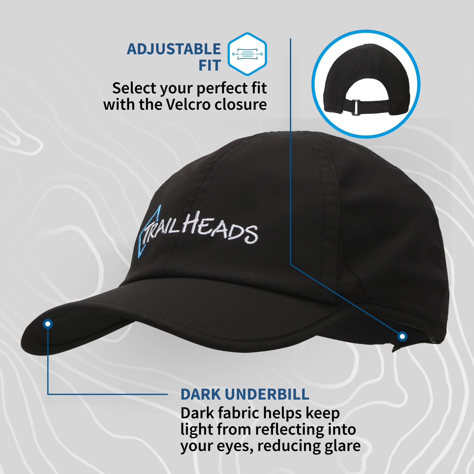 TrailHeads Men's Running Cap with UV Protection, Lightweight & Quick Drying Performance Sports Hat, UPF 50, Adjustable Fit - Black w/Logo