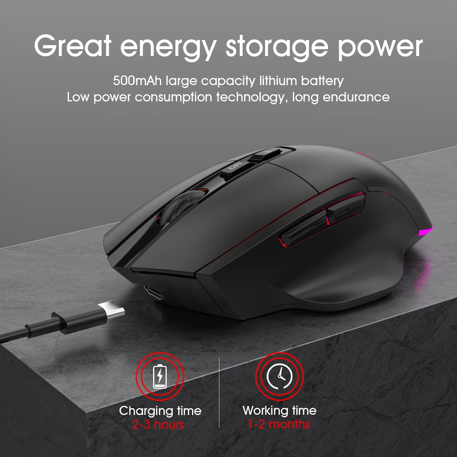 VEGCOO Wireless Gaming Mouse, Silent Rechargeable Wireless Mouse with Colorful LED Lights, 2400 DPI Adjustable Computer Mice with 7 Buttons, Bluetooth Mouse with Thumb Rest for Laptop/PC (C27 Black)
