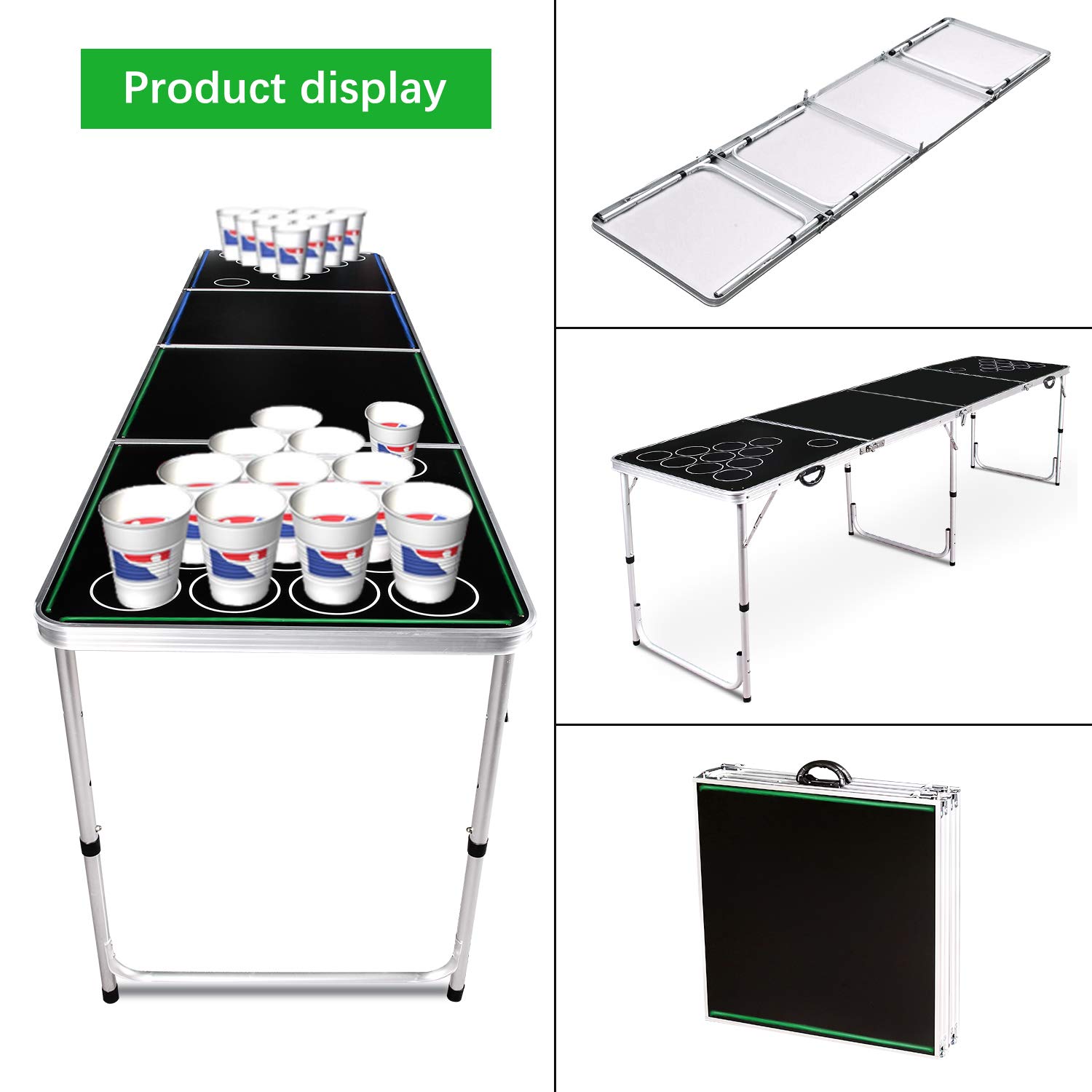 Wodesid 8FT Portable Beer Pong Tables with Carrying Handle Tailgate Desk Lightweight Adjustable Height Aluminum Folding Flip Cup Table for Indoor Outdoor, Picnic Party Camping (8 Feet)