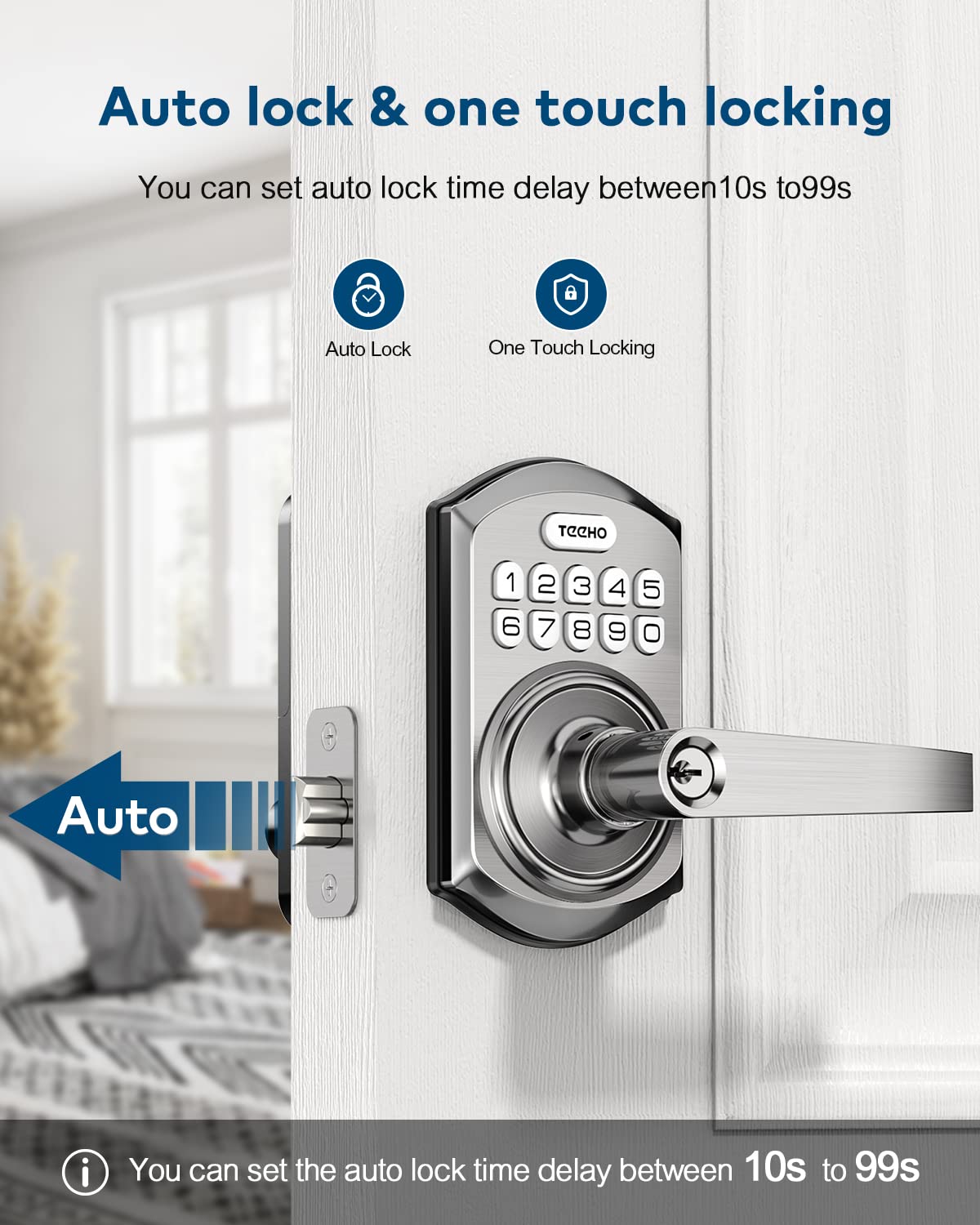 TEEHO TE004 Keyless Entry Door Lock with Handle, Electronic Keypad Lock, Digital Front Lock Set, Auto-Locking, Anti-peep Code Door Lever, Satin Nickel