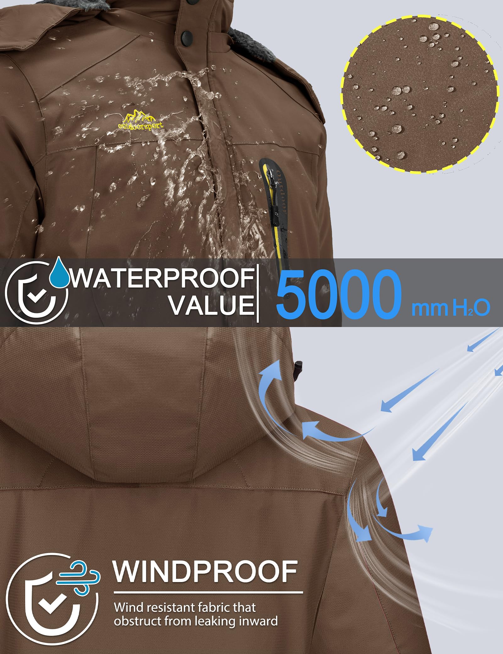 TACVASEN Winter Coats for Men Fleece Jacket Men Ski Jacket Windproof Snowboard Jacket Men Warm Softshell Jacket Brown 2XL