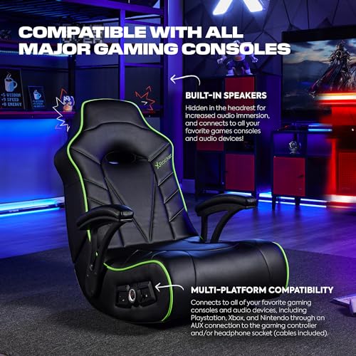 X Rocker Limewire Floor Gaming Chair - Headrest Mounted Speakers - 2.1 Bluetooth - Recliner with Padded Armrests - Black with Green