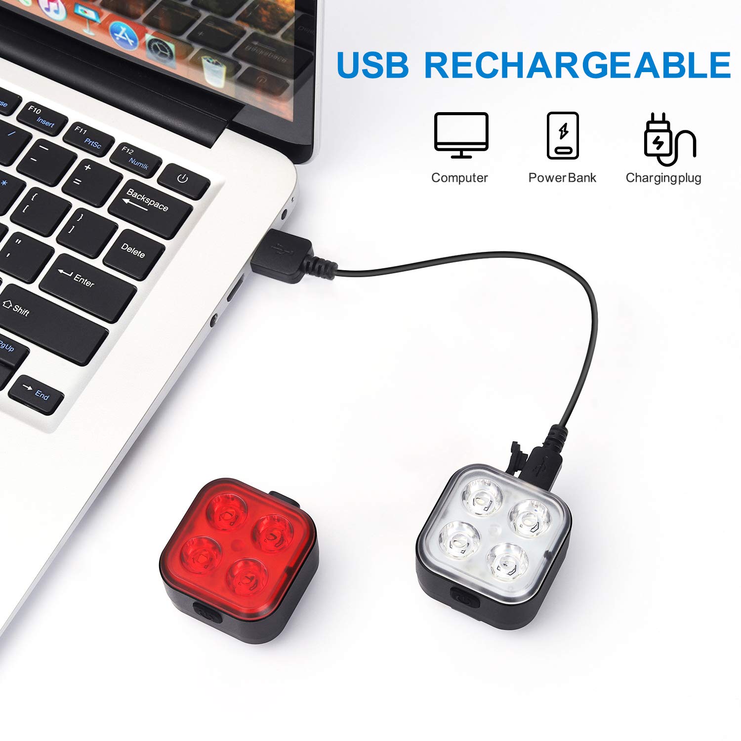 Teshudi Bike Light Set, Rechargeable Bike Lights Front and Back, Super Bright Bicycle Lights, Instant Install, Fits All Bikes, 4 Light Mode, Waterproof, Lightweight, Durable