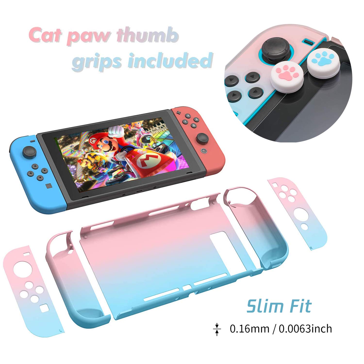 Upgraded Dockable Case for Nintendo Switch, FANPL Protective Case Cover for Nintendo Switch and Joy Con Controller with 2 Cat Paw Thumb Grips (Pastel Pink & Blue)