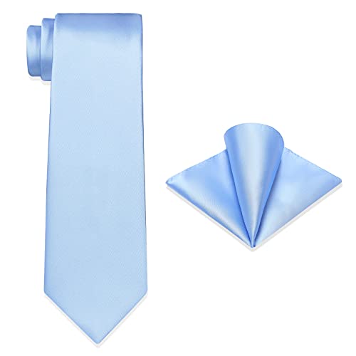 Vinlari Sky Blue Tie, Neck Tie for men, Silk Mens Tie and Pocket Square Set, Formal Business Plain Satin Ties with Handkerchief for Wedding Party Work Tie(Gift Box)