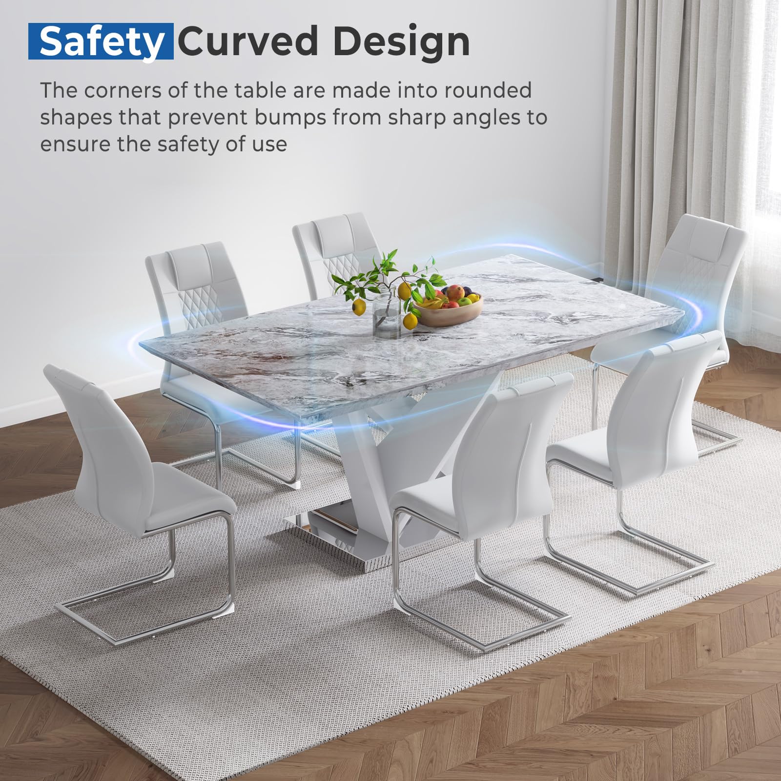 Tatub Modern Dining Table Set for 6, Faux Marble Dining Table with 6 PU Leather Chairs, 70.87" Rectangular Dining Room Table with Grey Marble Tabletop and X Shape Base for Dining Room, Kitchen
