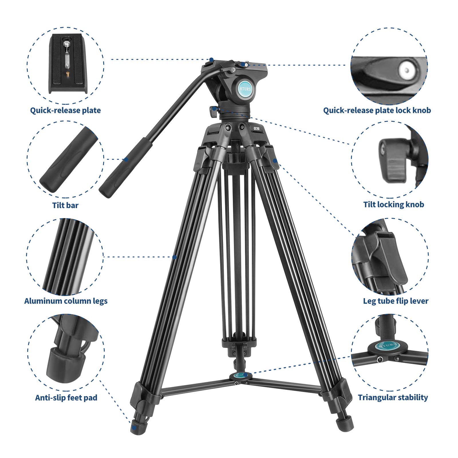 Tripod for Professional Cameras, HTURS 67 Inch Heavy Duty Tripod, with 360 Degree Fluid Head & Mid-Level Spreader, Complete Tripod Units with Travel Bag, 22LB Load Capacity