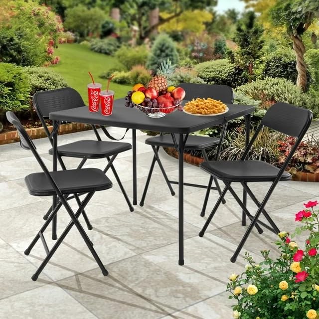 Thcbme 5 Piece Resin Card Table and Four Chairs Set, Black