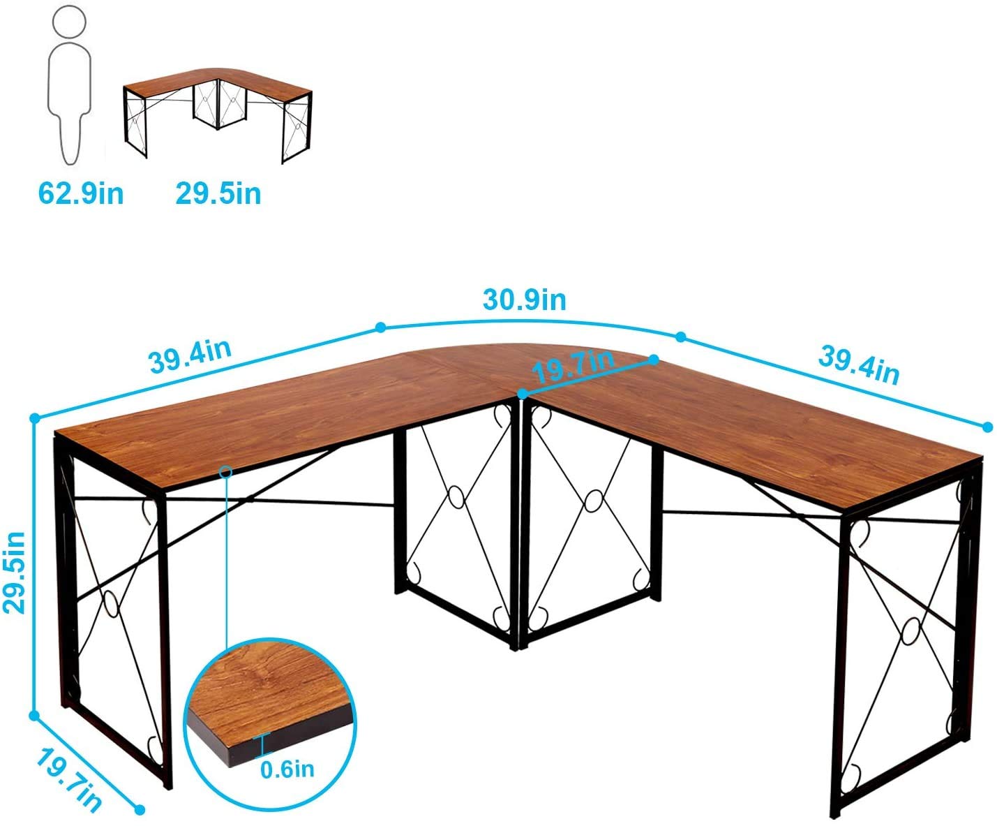 VECELO L Shaped Computer Corner Desk, 59ββx59ββ Large Industrial Home Office Workstation, Multi-Usage Long 2 Person Table, Easy Assembly/Saving Space, Steel Frame&Wooden Grain, Brown