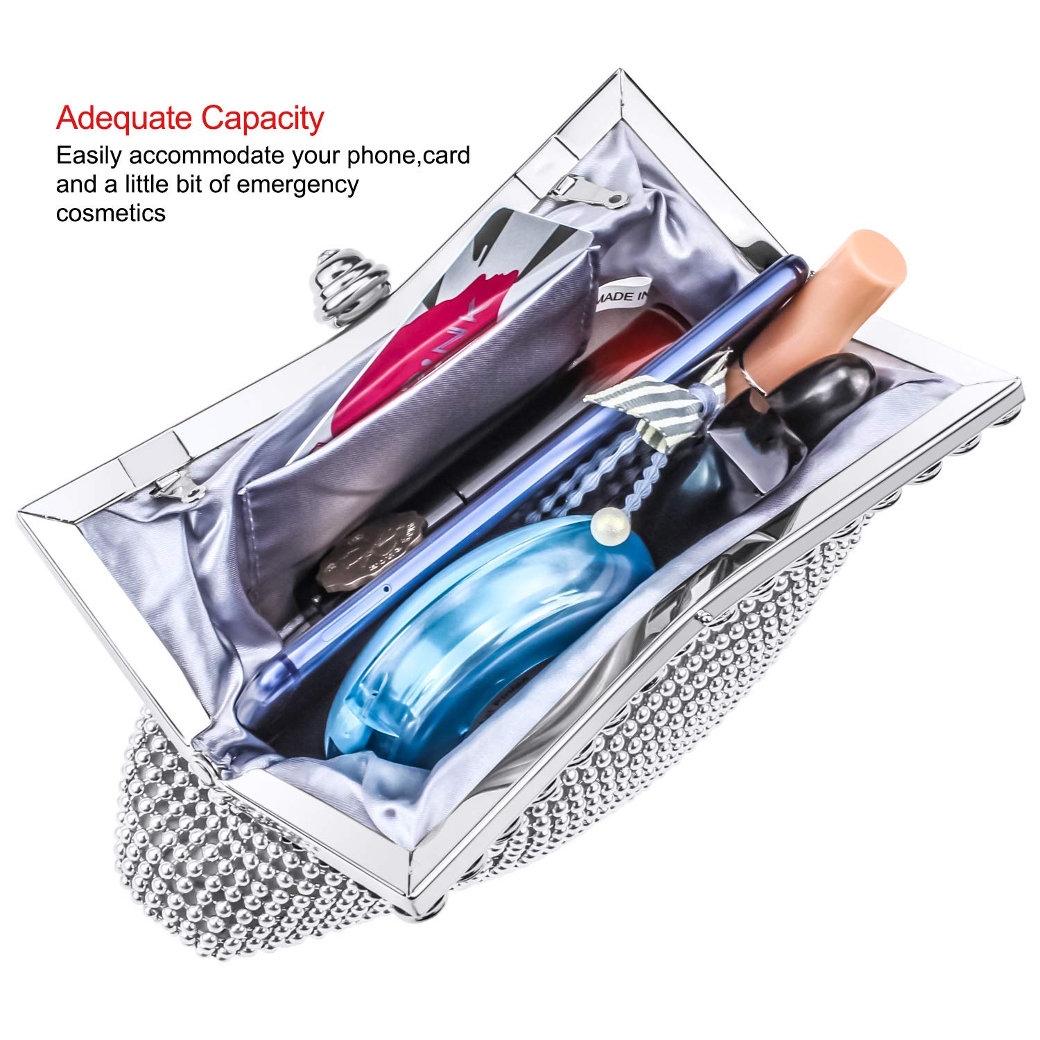 SelfTek Silver Clutch Purses Evening Bag for Women, Sparkly Rhinestone Purses Crystal Bag with Short & Long Chain for Women Wedding Prom Party