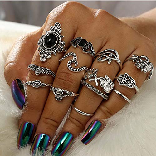 Woeoe Boho Silver Stackable Rings Carved Vintage Joint Nail Ring Sets Retro Gemstone Knuckle Midi Rings Set for Women and Girls