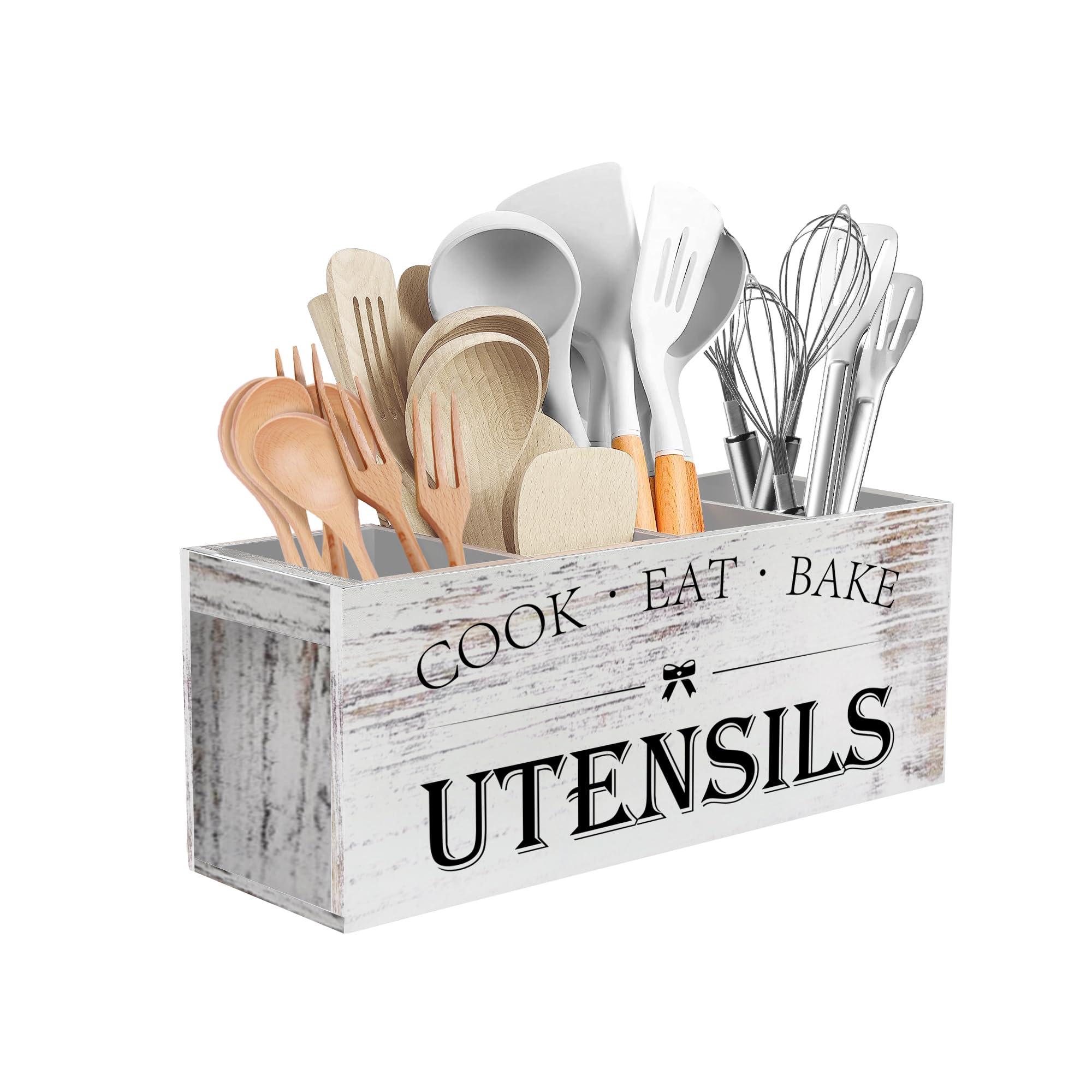 Suli Extra Large Kitchen Utensils Holder with 4 Compartments, Wooden Utensil Organizer for Kitchen Countertop, Farmhouse Kitchen Decor, Rustic Cooking Utensil - White grain