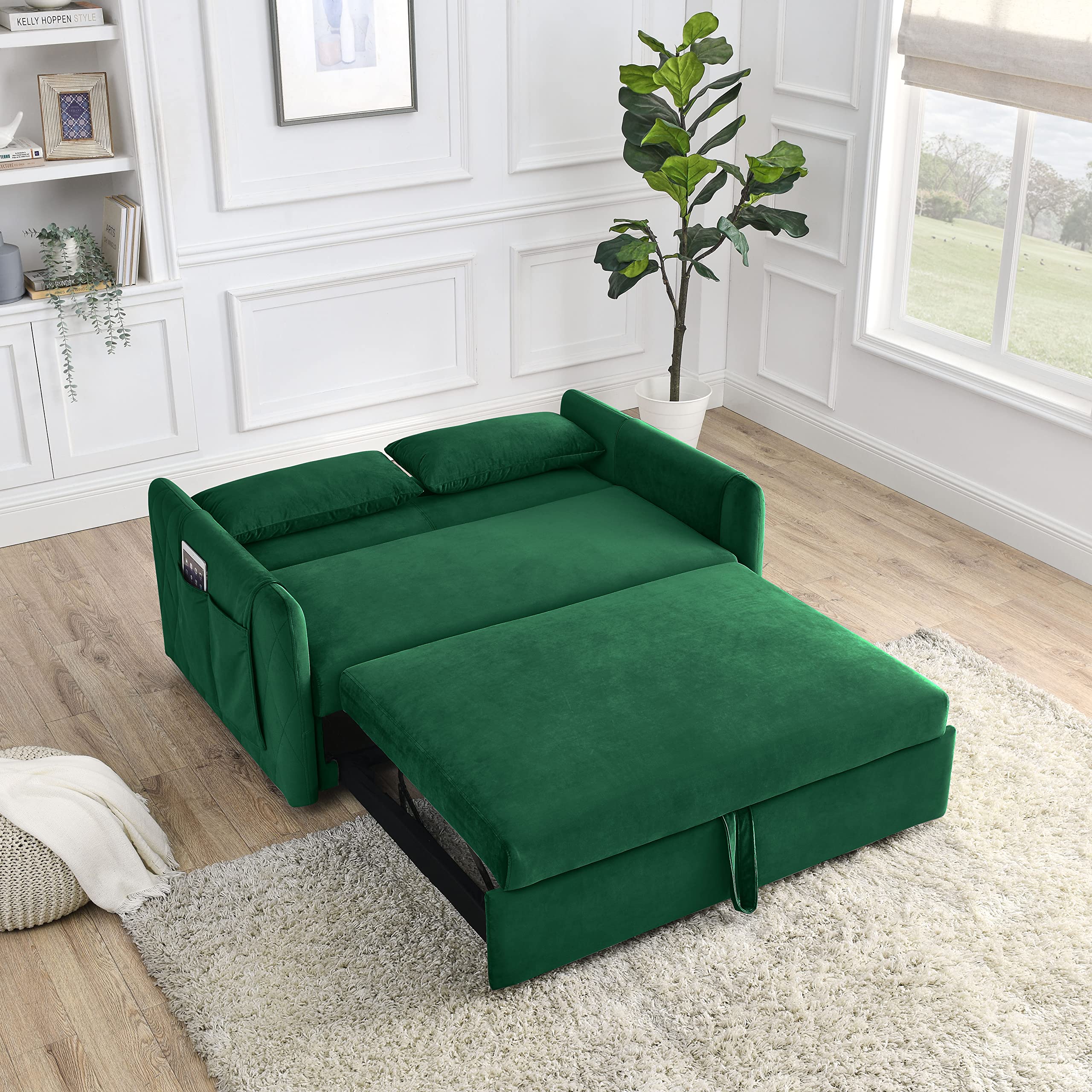 Ucloveria Sleeper Bed Sofa Bed, 3-in-1 Pull Out Couch Bed with 2 Detachable Arm Pockets/Adjustable Back Loveseat Futon Sofa Couch for Living Room Bedroom, Velvet Black