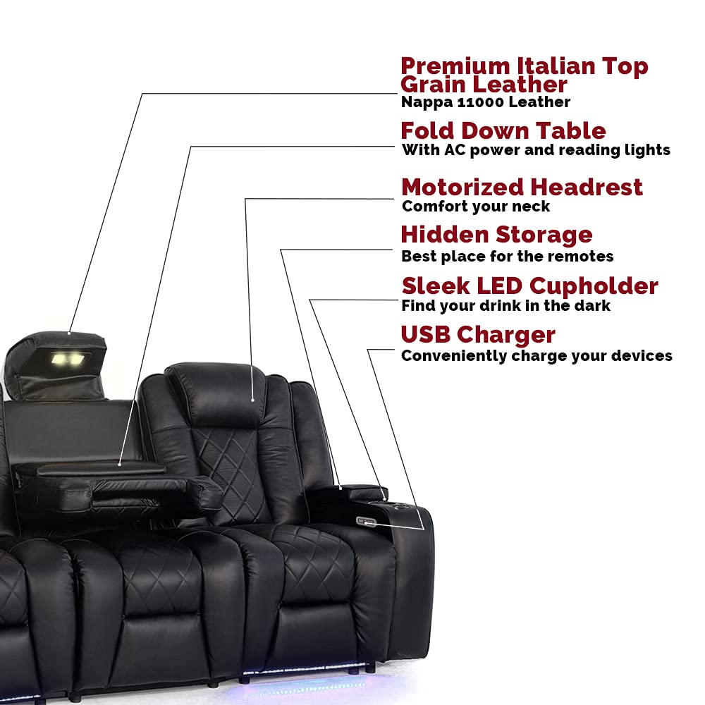 Valencia Oxford Home Theater Seating | 11000 Top Grain Black Leather, Power Recliner, with Drop Down Center Console (Row of 3)