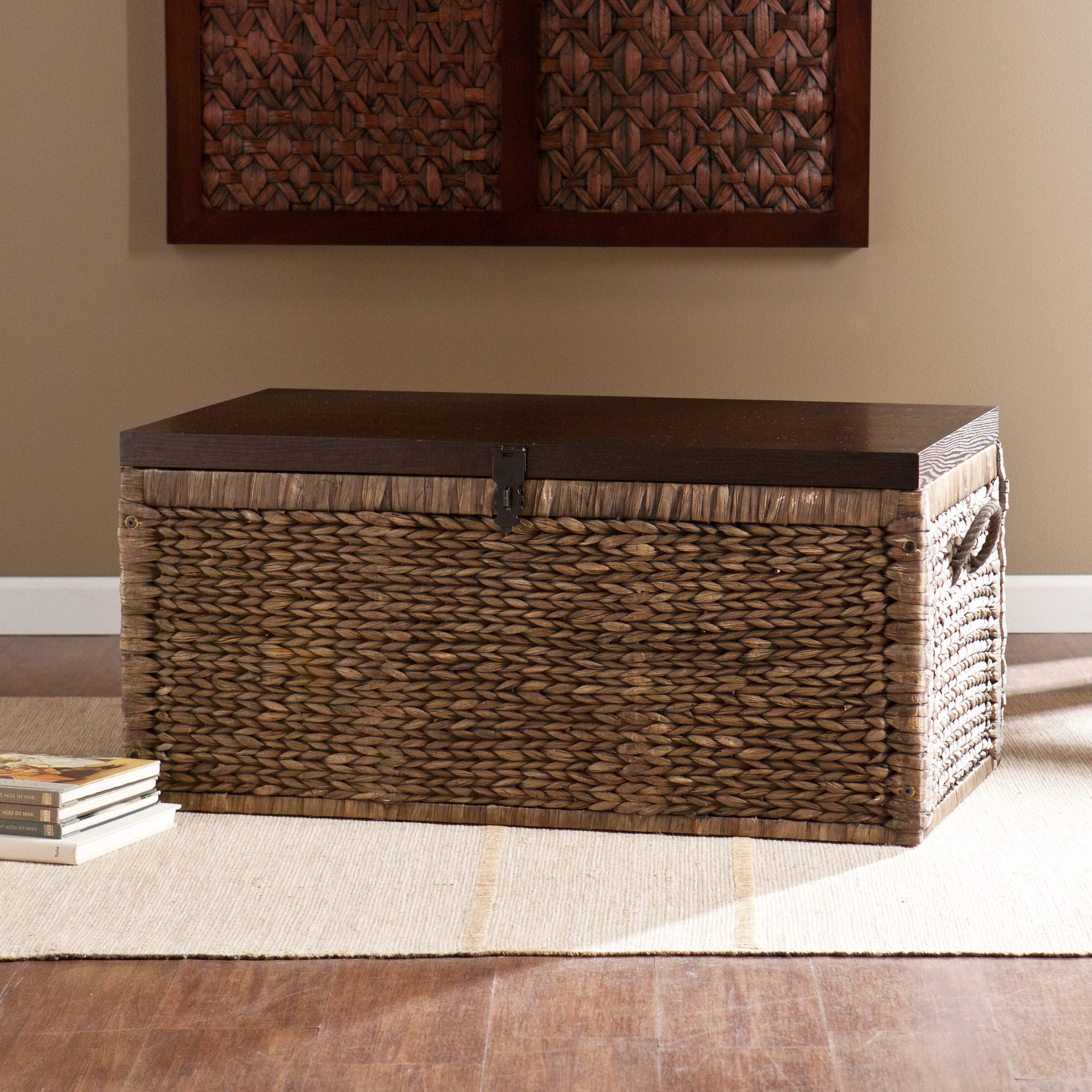 Unknown1 Blackwashed Wicker Trunk Coffee Table Brown Farmhouse Transitional Rectangle MDF Veneer Finish Hidden Storage