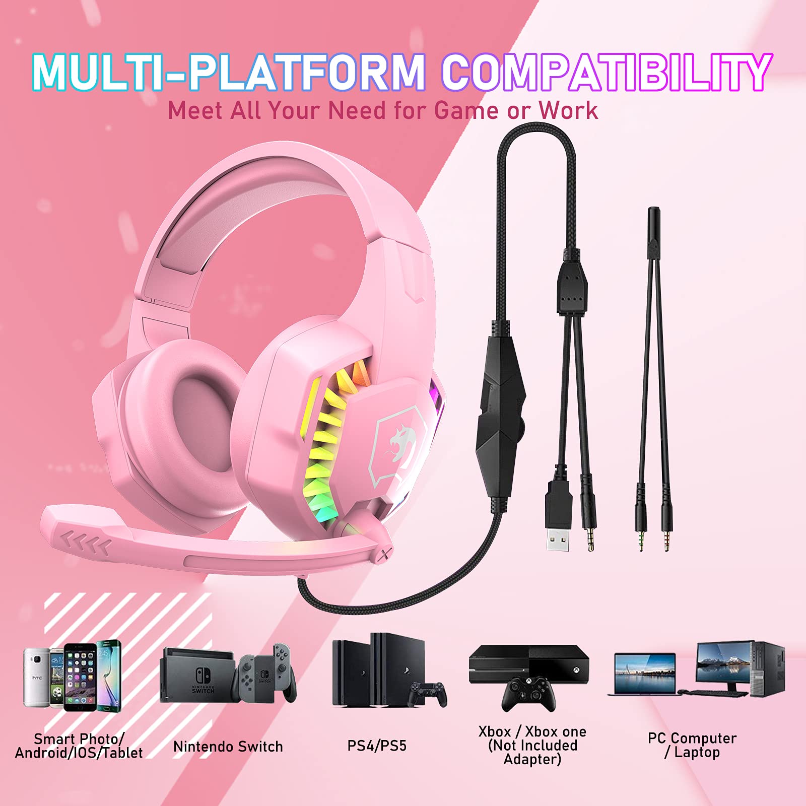 Wired Gaming Headset with Rainbow RGB Backlight Retractable Noise Isolating Microphone Stereo Sound Deep Bass Memory Foam Earmuff Over Ear Headphone for PS4 Xbox One Switch PC Mac Gamer Music (Pink)
