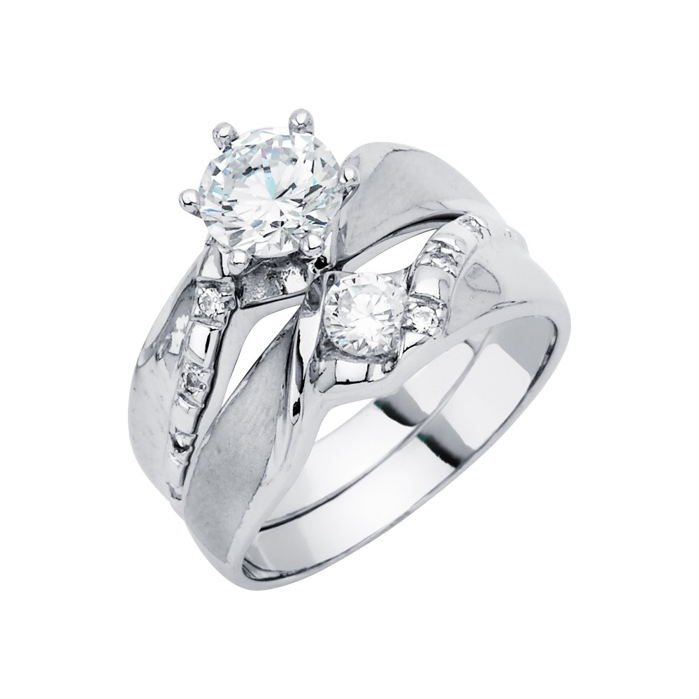 Wellingsale Ladies Solid 14k White Gold Polished CZ Cubic Zirconia Engagement Ring + Wedding Band Bridal Set - Size 4