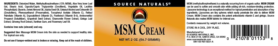 Source Naturals MSM Cream - Contains Vitamin E and Ginkgo - 2 oz