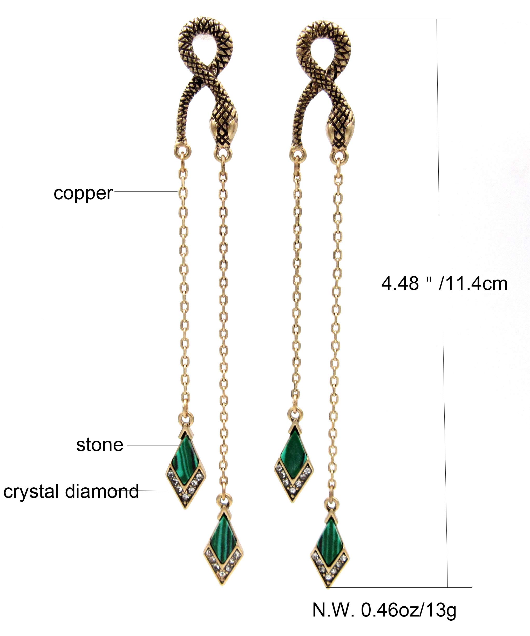 Vintage Green Rhinestone Long Drop Snake Earrings Studs