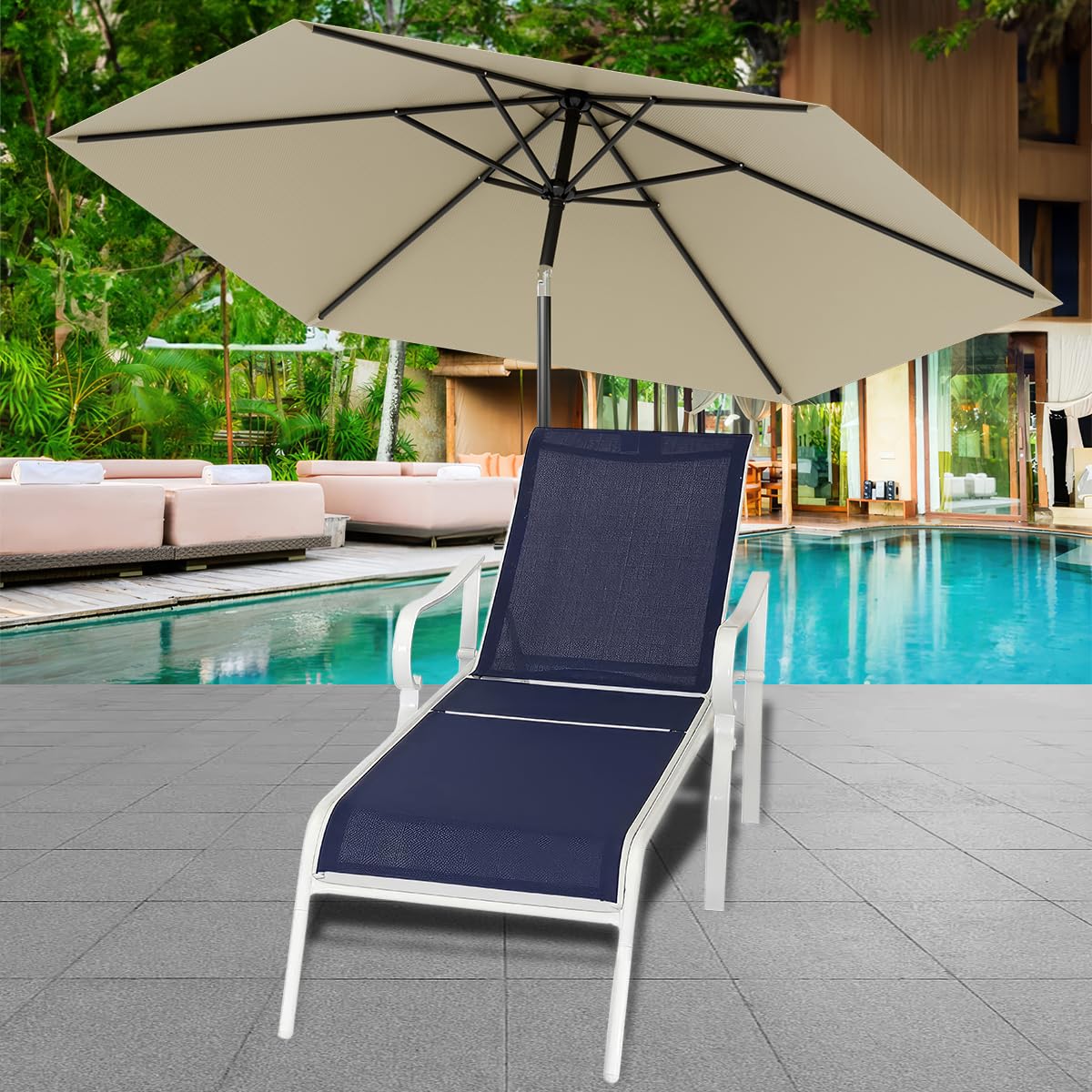 SUMELL Chaise Lounge Outdoor w/Adjustable Back in 5 Reclining Levels Sturdy Metal Frame Sunbathing Chair for Beach, Yard, Balcony, Poolside, Dark Blue