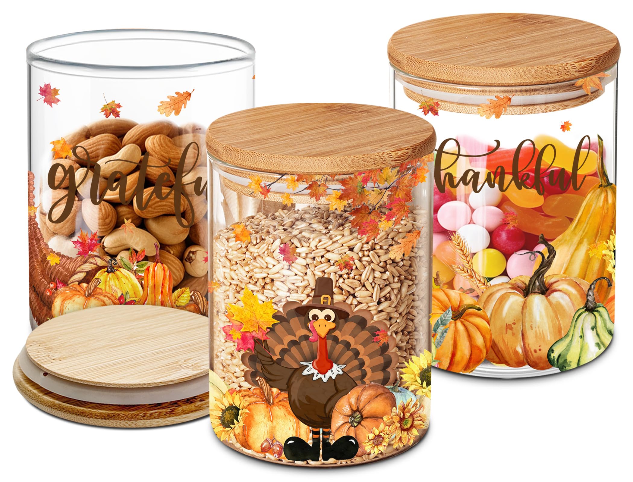 Thanksgiving Decorations 3 Pack Glass Storage Jars with Lid, Orange Farmhouse Thanksgiving Fall Decorations Indoor Kitchen Storage, Turkey Pumpkins Canister Sets for Counter Countertop, Container Sets