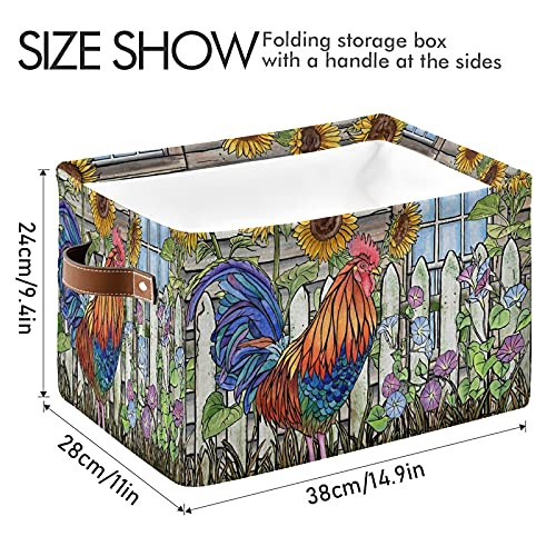 TropicalLife Rectangular Storage Bin Cube Animal Rooster Foldable Organizer Basket with Handles, Sunflower Floral Farm Collapsible Storage Box for Kids Toy Shelf Closet Nursery