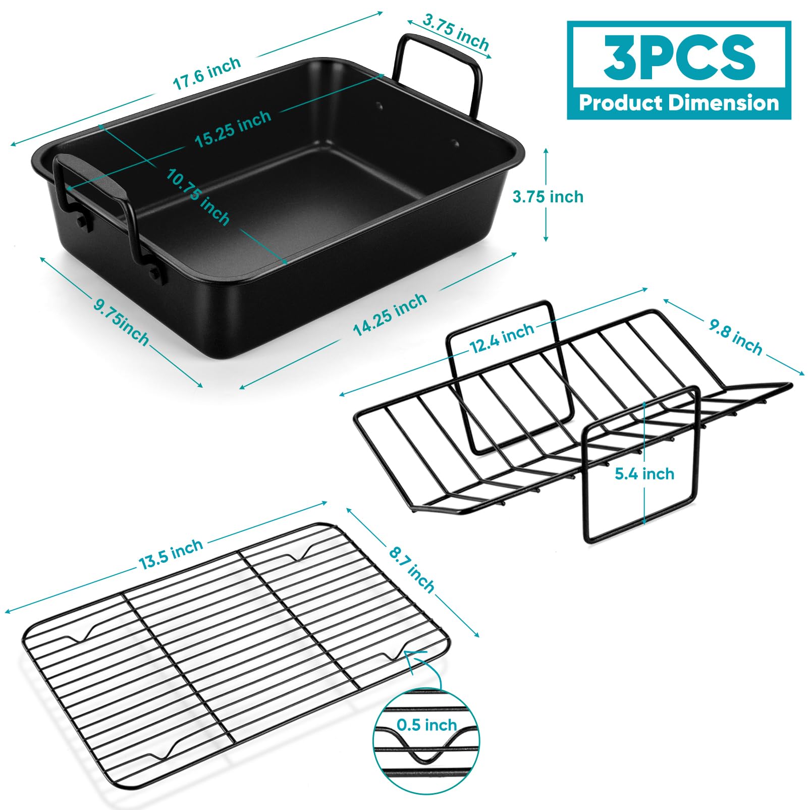TeamFar Roasting Pan, 15ββ Nonstick Deep Lasagna Brownie Turkey Pan with V-Shaped Rack & Cooling Rack, with Stainless Steel Core & Nonstick Coating, Healthy & Sturdy Handles, Easy to Clean, Set of 3