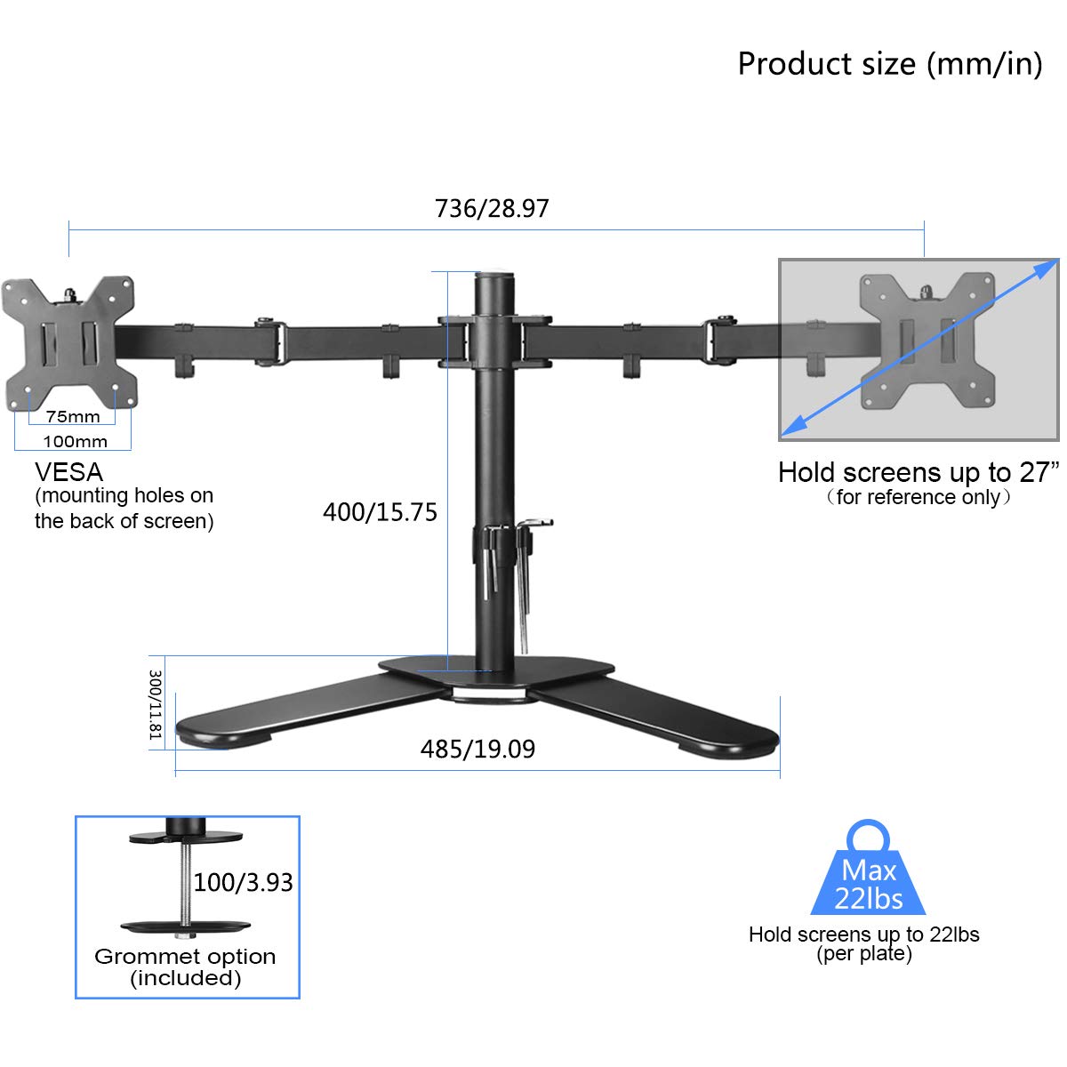 Suptek Dual LED LCD Monitor Free-standing Desk Stand Heavy Duty Fully Adjustable Mount for 2 / Two Screens up to 27 inch (ML6442)