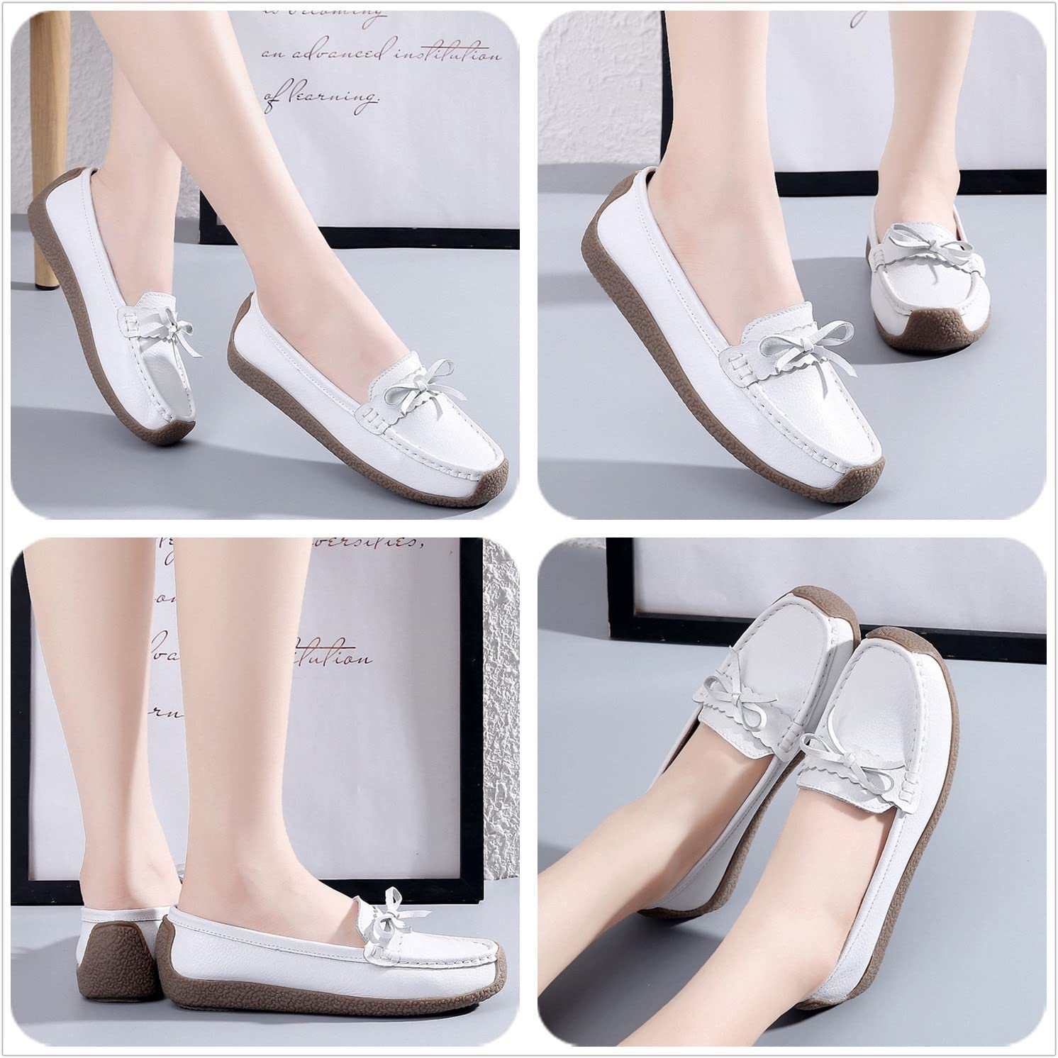 YEASUMOE Women's Slip on Shoes Comfortable Flats Shoes Work Nurse Two-Layer Leather Casual Loafers 3313/Bai-42 White