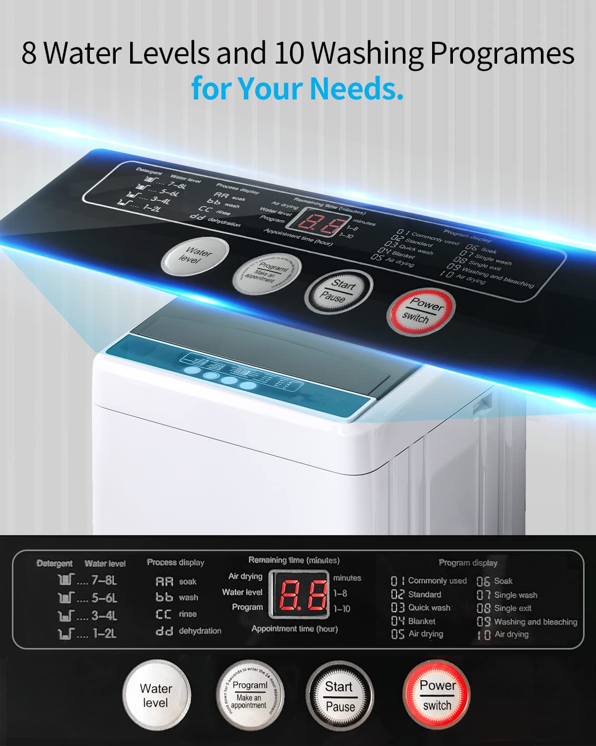 TABU Full-Automatic Washing Machine, 17.6lbs Portable Washing Machine with Dryer, 1.7 Cu Ft 2 in 1 Portable Washer with Drain Pump, 10 Wash Programs, LED Display, 8 Water Levels (White)