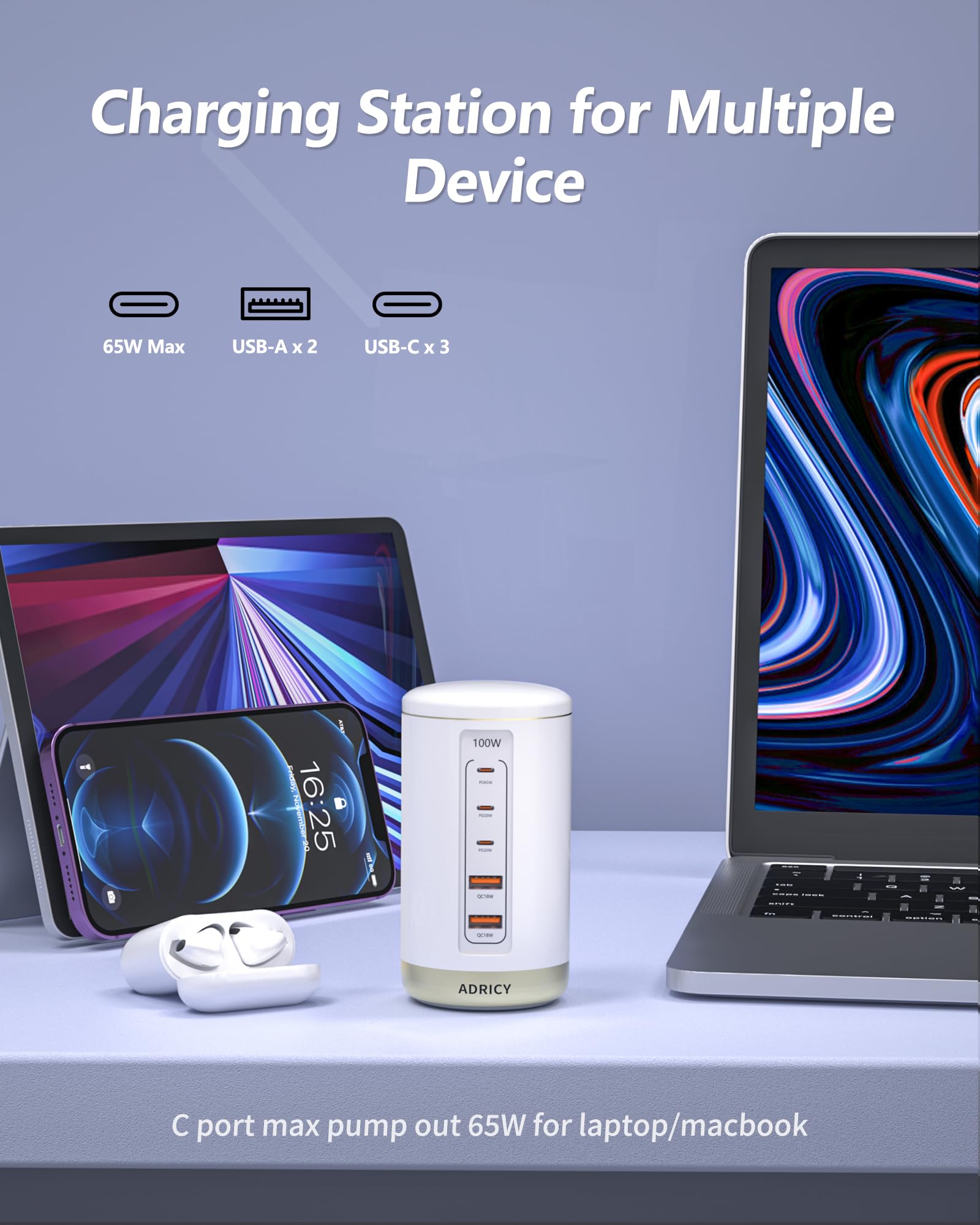 USB C Charger,100W USB Tower Charging Station for Multiple Devices,5 Port USB Charger Block for iPhone 15/15 Plus/15 Pro/15 Pro Max/MacBook Air Pro/Samsung/ipad(Gold)