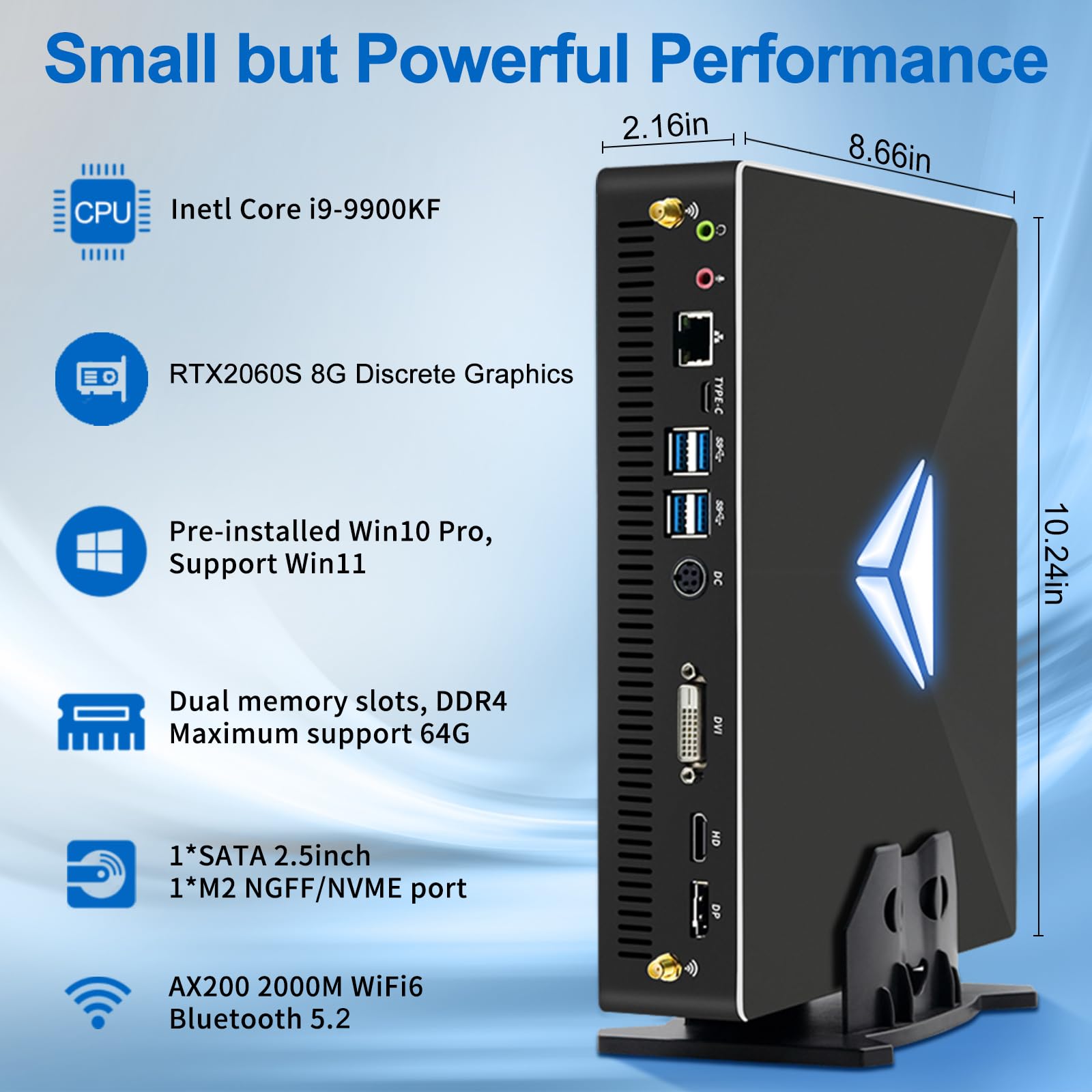 Thdeukoty Mini Desktop PC Computer i9-9900KF Windows 11 Pro, Gaming PC GeForce RTX2060S 8G, 64G DDR4 RAM 1T NVME SSD, 4K@144Hz HDMI/DP/DVI Triple Display, WiFi 6 Bluetooth 5.2 for Gaming/Design