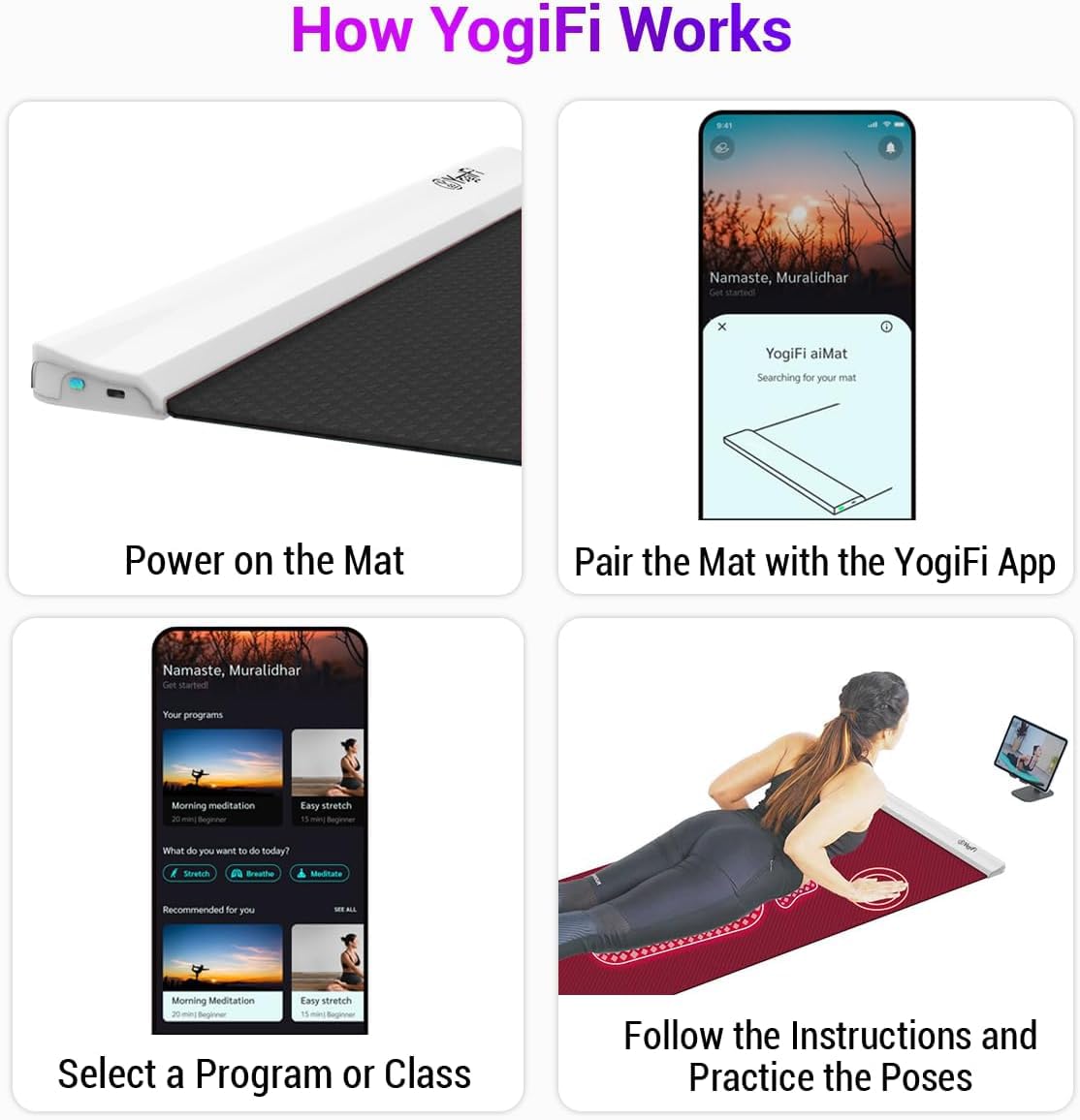 YogiFi Smart Non-Slip Meditation Travel Yoga Mat,Exercising Pad,Great for Women & Men of All Ages,6mm Thick with Artificial Intelligence(AI) for Interactive and Real Time Posture Feedback (Grey)