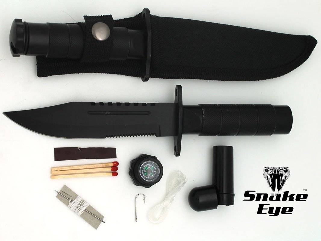 Snake Eye Tactical Serrated Blade 8.5 Inch Survival Knife Heavy Duty Stainless Steel with Kit & Nylon Sheath (Black)