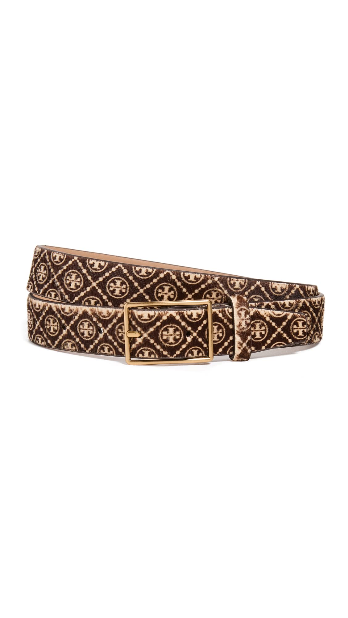 Tory Burch Women's 1" T Monogram Haircalf Belt, Cold Brew, Brown, Print, S