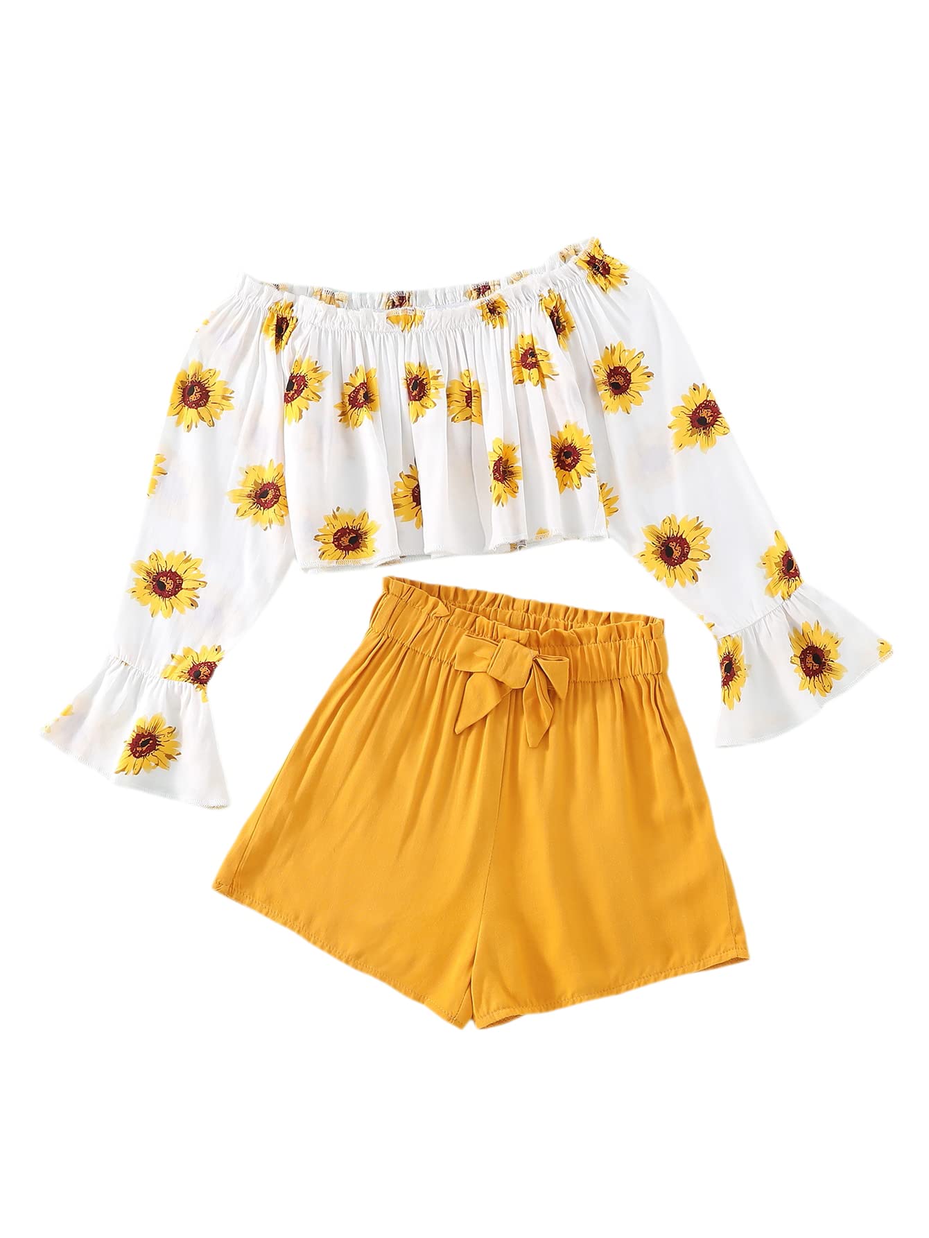 SOLY HUX Girl's 2 Piece Outfit Summer Boho Floral Print Long Sleeve Top and Shorts Set Cute Clothes for Girls Multicoloured 160