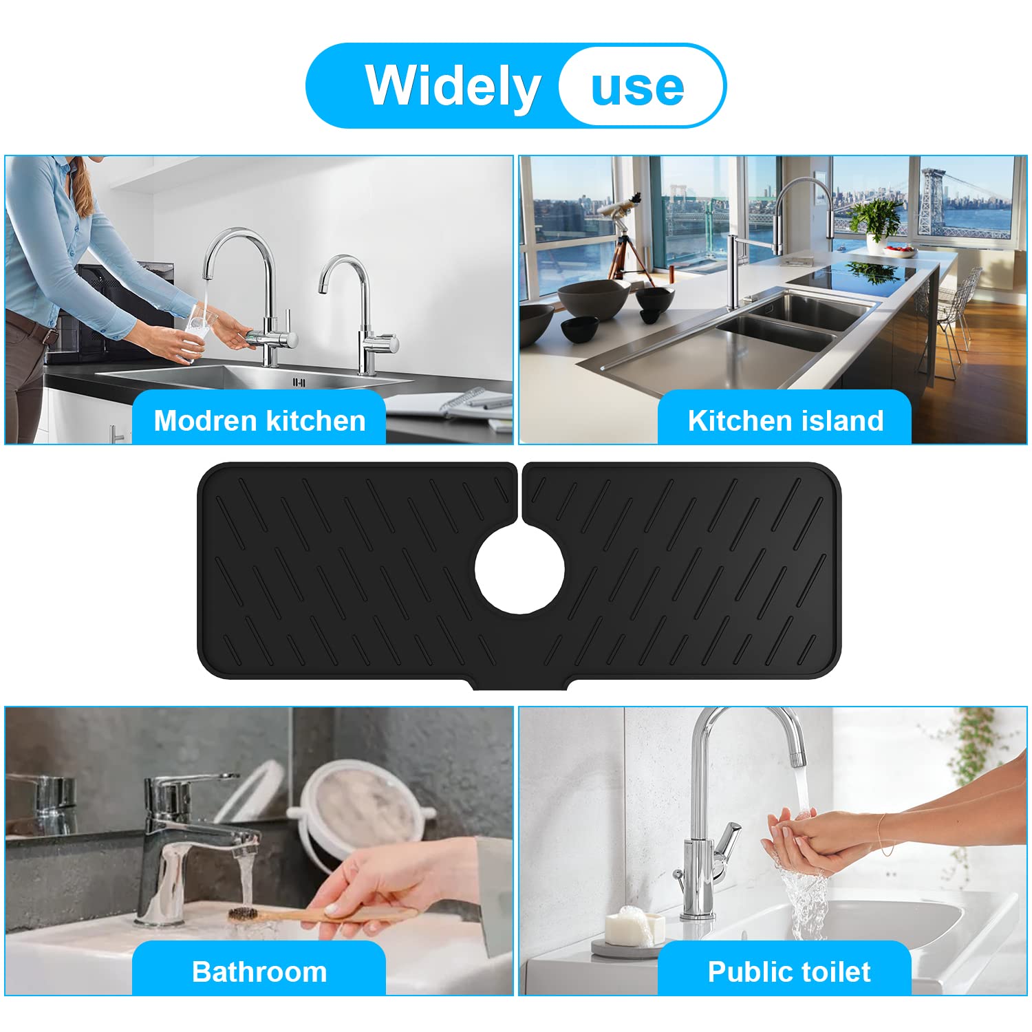Silicone Sink Splash Guard, 17.7” x 5.5” Faucet Water Catcher Mat, Slope Type Design Longer kitchen Sink Mat, Faucet Handle Drip Catcher Tray Mat for Kitchen Countertop-Faucet Splash Guard