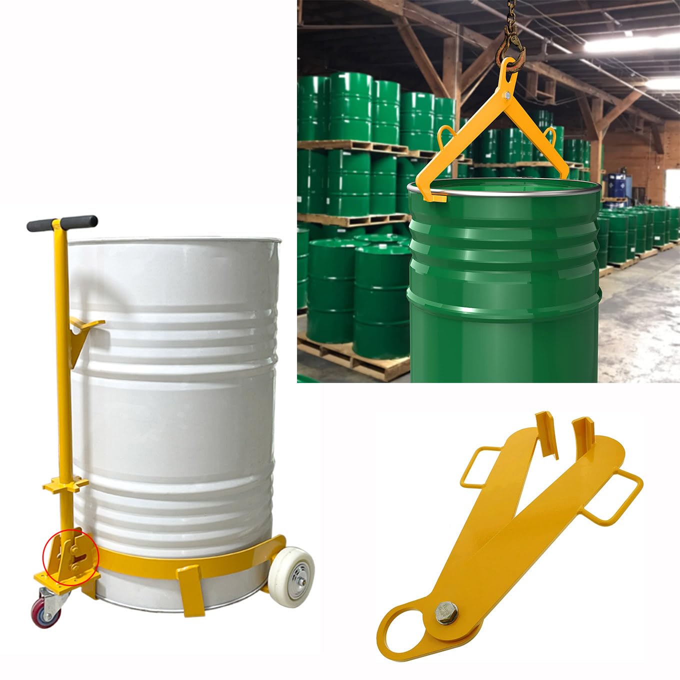 Say Goodbye to Struggling with Heavy Barrels. Effortless Transportation with The Wheels Steel Cart Round Dolly, Vertical Drum Clamp- -Drum Lift for 1100 Lbs Capacity Use Together.