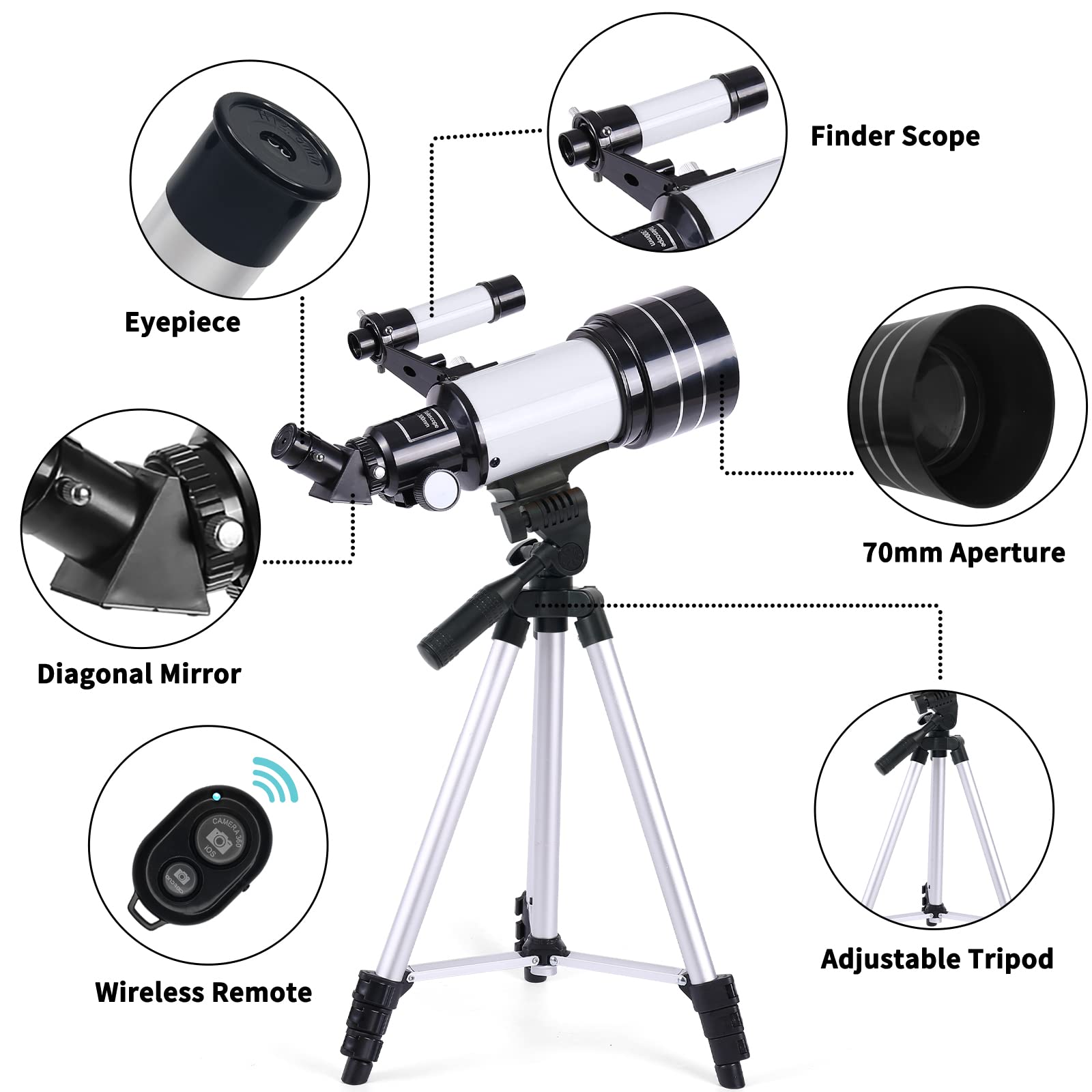 Telescope for Adults & Kids, 300mm Focal Length Refractor Telescope, 70mm Aperture Professional Astronomy Refractor Telescope for Beginners, Phone Adapter & Wireless Remote (White)