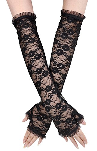 Simplicity Evening Party Wedding Fingerless Elbow Flowers Lace Gloves, Black Floral_Fingerless