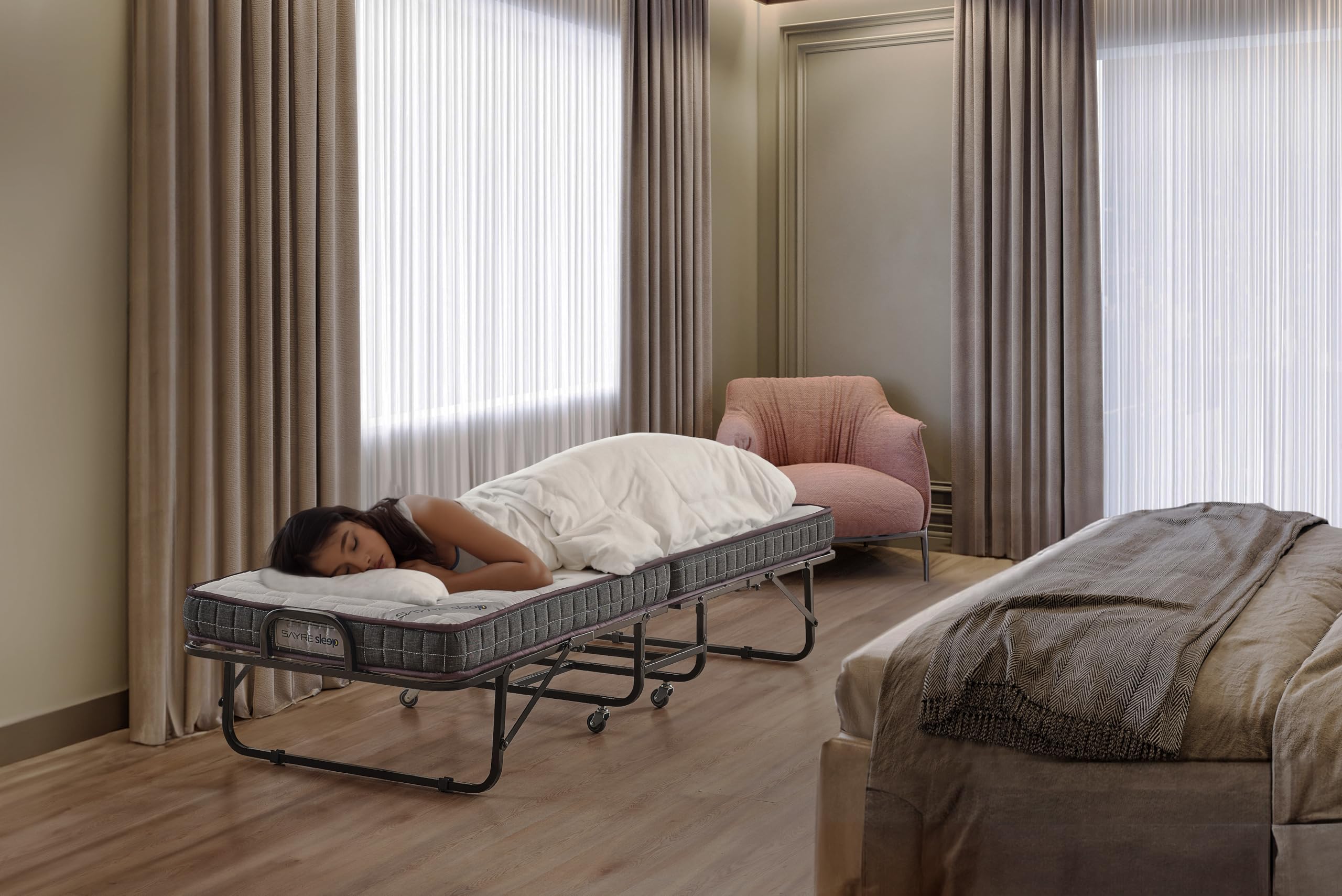 SAYRE SLEEP Folding Bed with Memory Foam Mattress - 75x38 Twin Size Bed Frame - Roll Away Adult Bed for Guest - Portable and Foldable - Strong Back Support- Easy Assemble