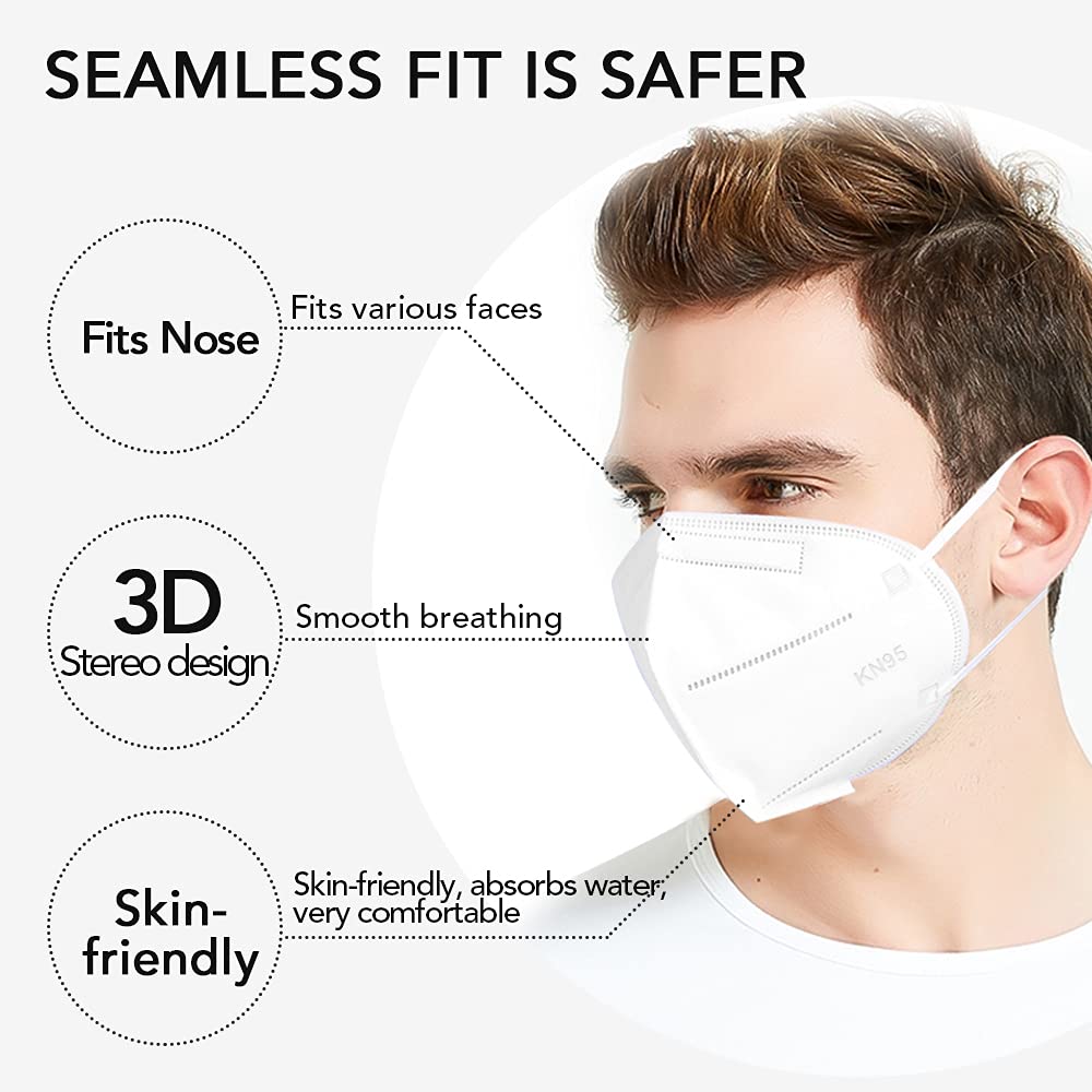 YIDERBO KN95 Face Masks 50Pack, 5-Ply Breathable Disposable Face Mask Filter Efficiency≥95%, White