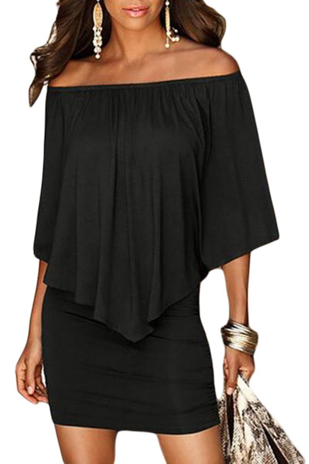 Sidefeel Womens Black Dresses Off Shoulder Ruffles Night Club Bodycon Mini Dress X-Large